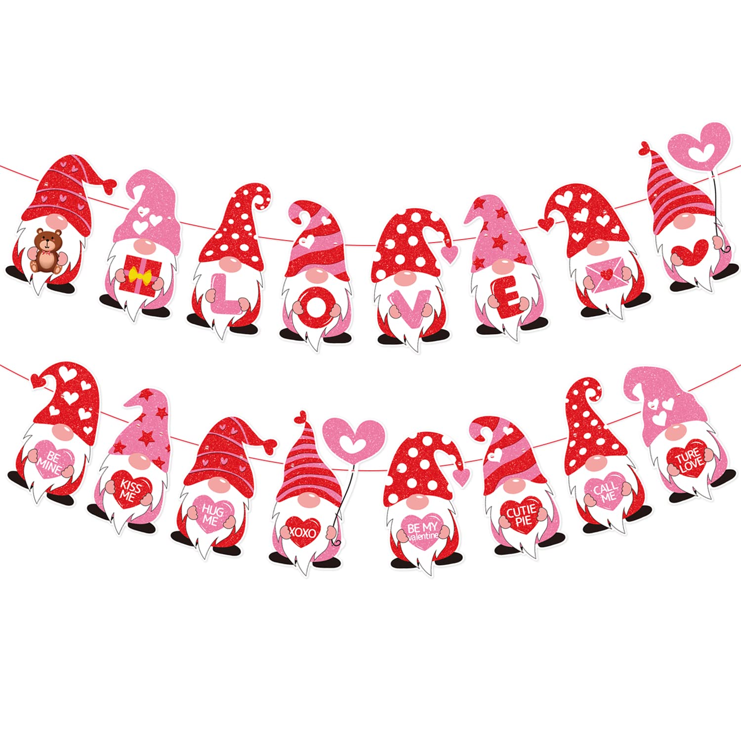 PTFNY 2 Pieces Valentines Gnomes Garland Banner Valentine's Day Gnomes Decorations Banners for Valentines Day Indoor Outdoor Bridal Shower Anniversary Wedding Party Decorations