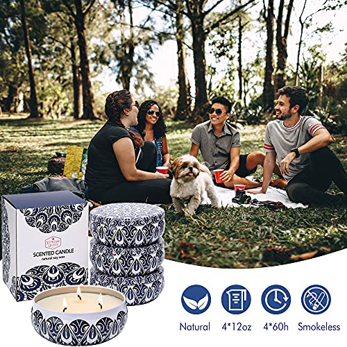 Citronella Candles Outdoor & Indoor, 4 x 12oz Scented Candles Large, Soy Wax 3 Wick Tin Gift Set for Garden Camping Patio