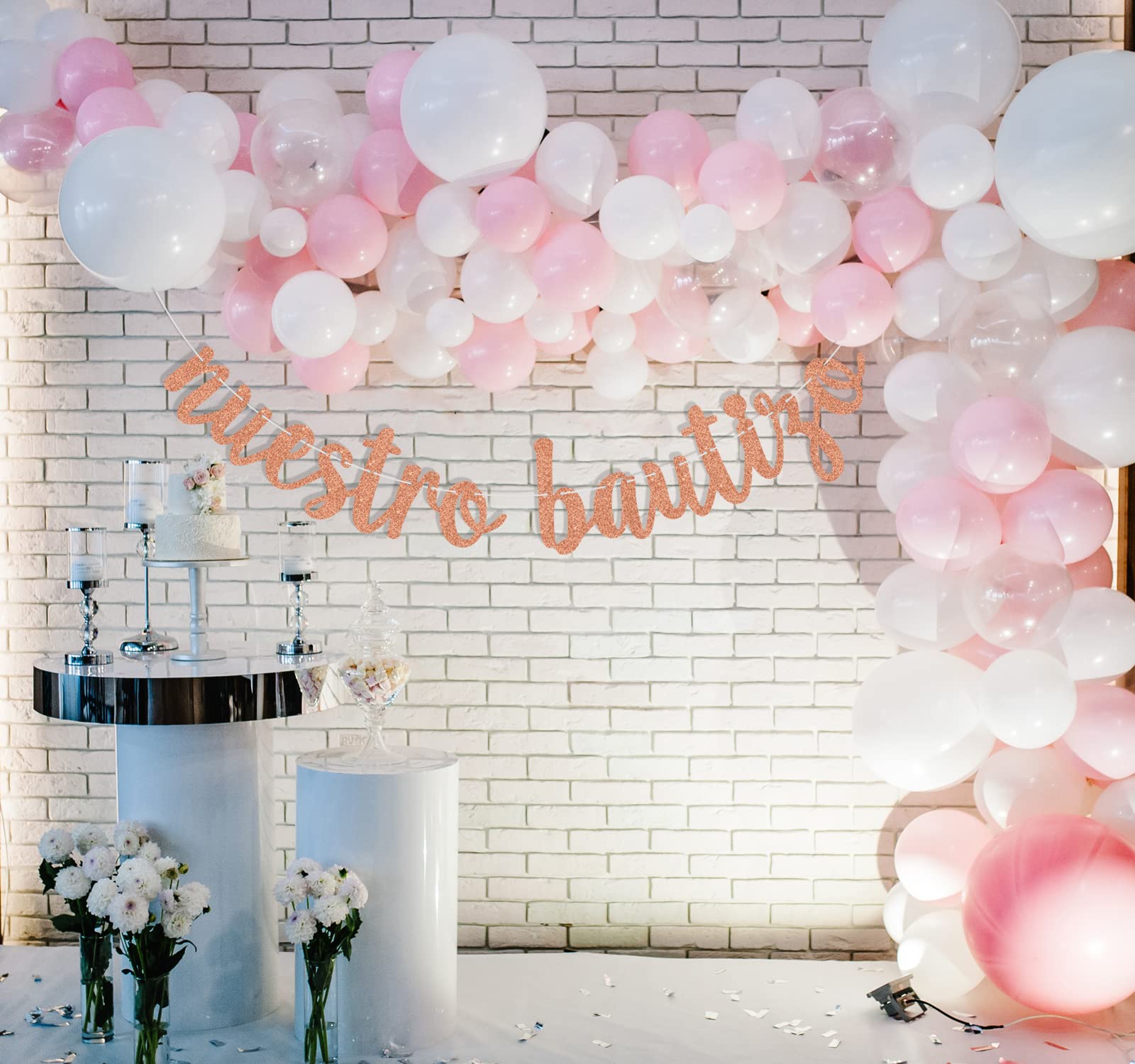 Nuestro Bautizo Banner, Spanish Baptism Party Decorations, First Holy Communion Decor, Kid's Birthday Baby Shower Party Decoration Supply Rose Gold Glitter
