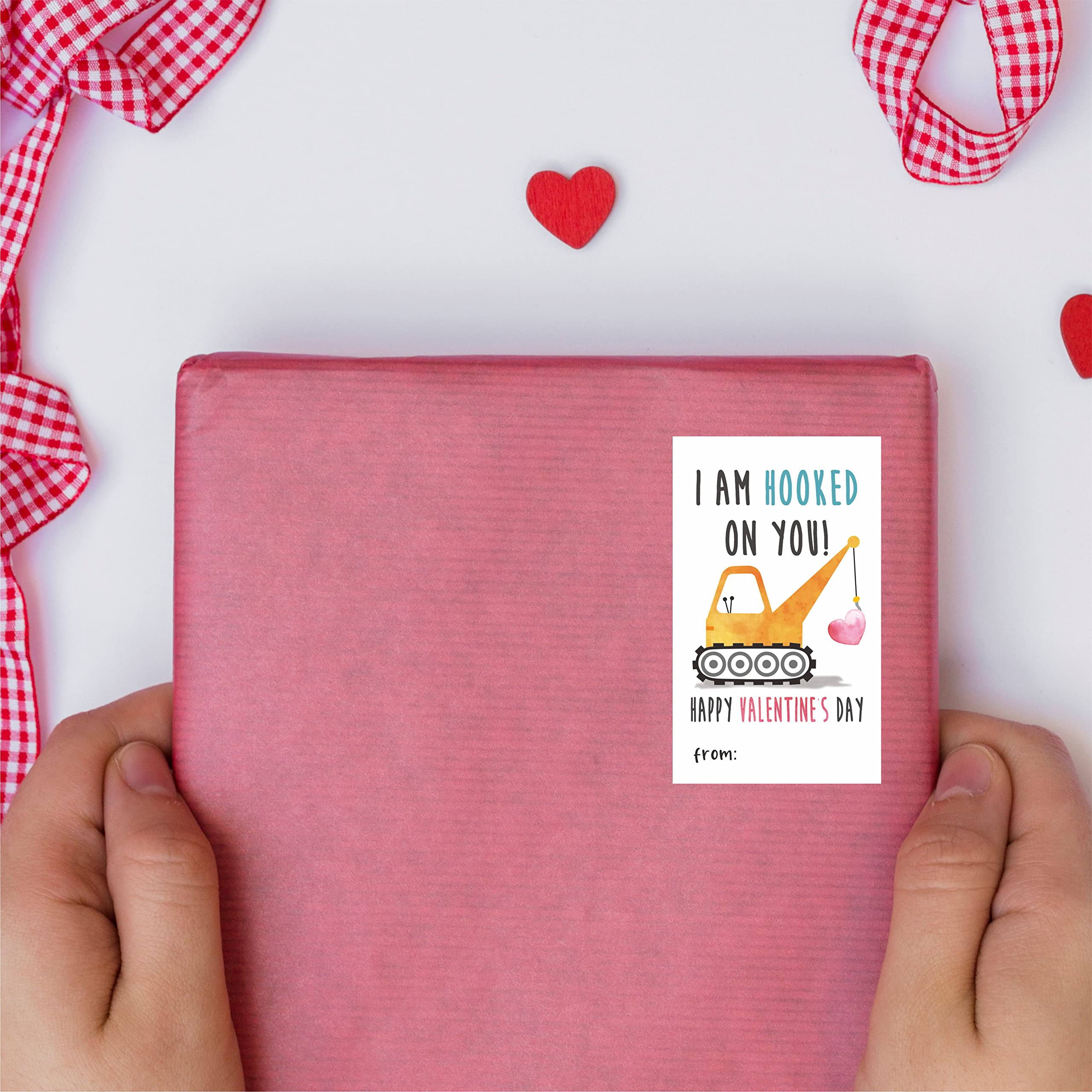 2.1" x 3.5" Valentine's Day Gift Wrap Self Adhesive Stickers | Construction Theme Happy Valentine's Day Gift Wrapping Decorations and Supplies for Kids | 40 Gift Stickers-BGJ-001