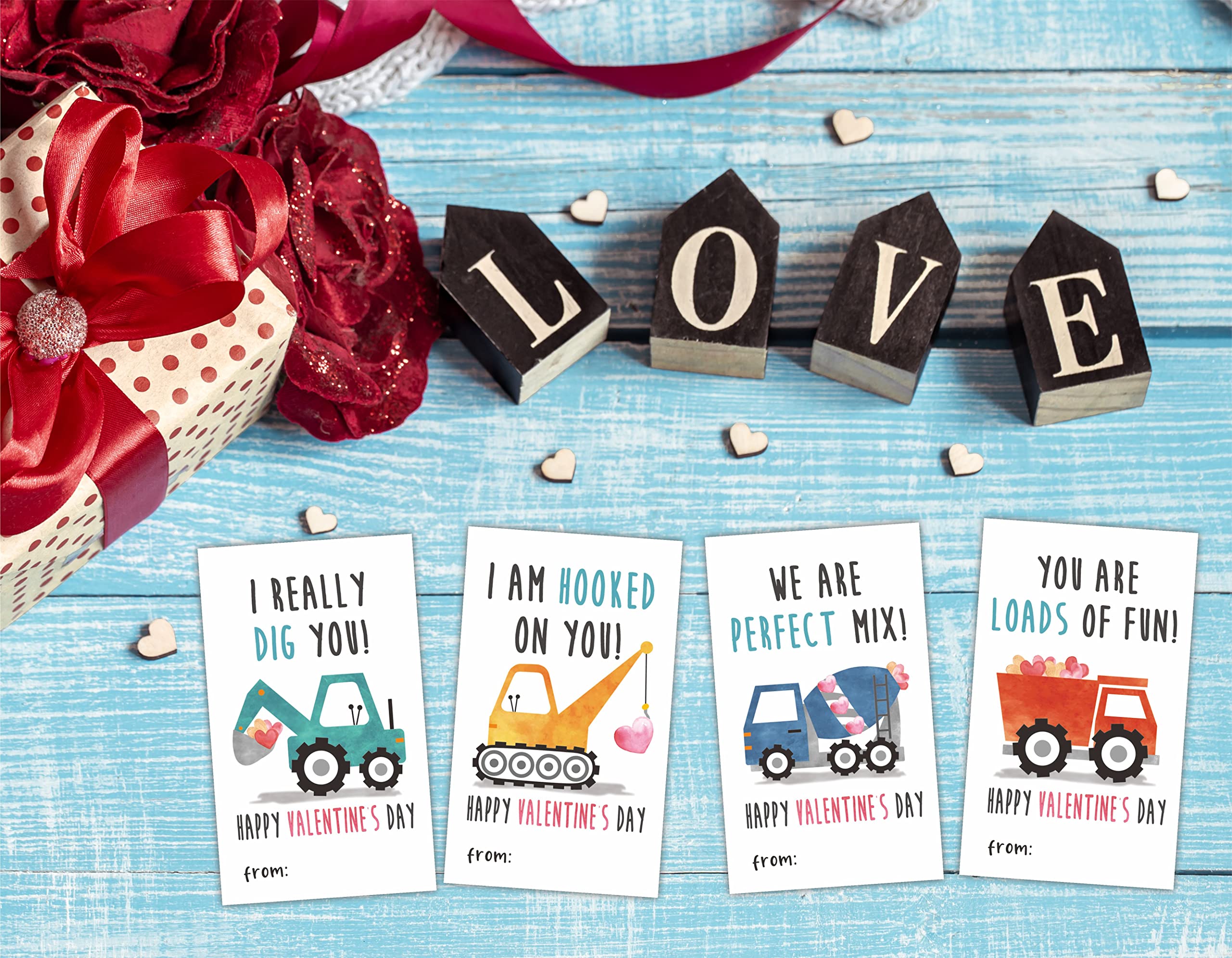 2.1" x 3.5" Valentine's Day Gift Wrap Self Adhesive Stickers | Construction Theme Happy Valentine's Day Gift Wrapping Decorations and Supplies for Kids | 40 Gift Stickers-BGJ-001