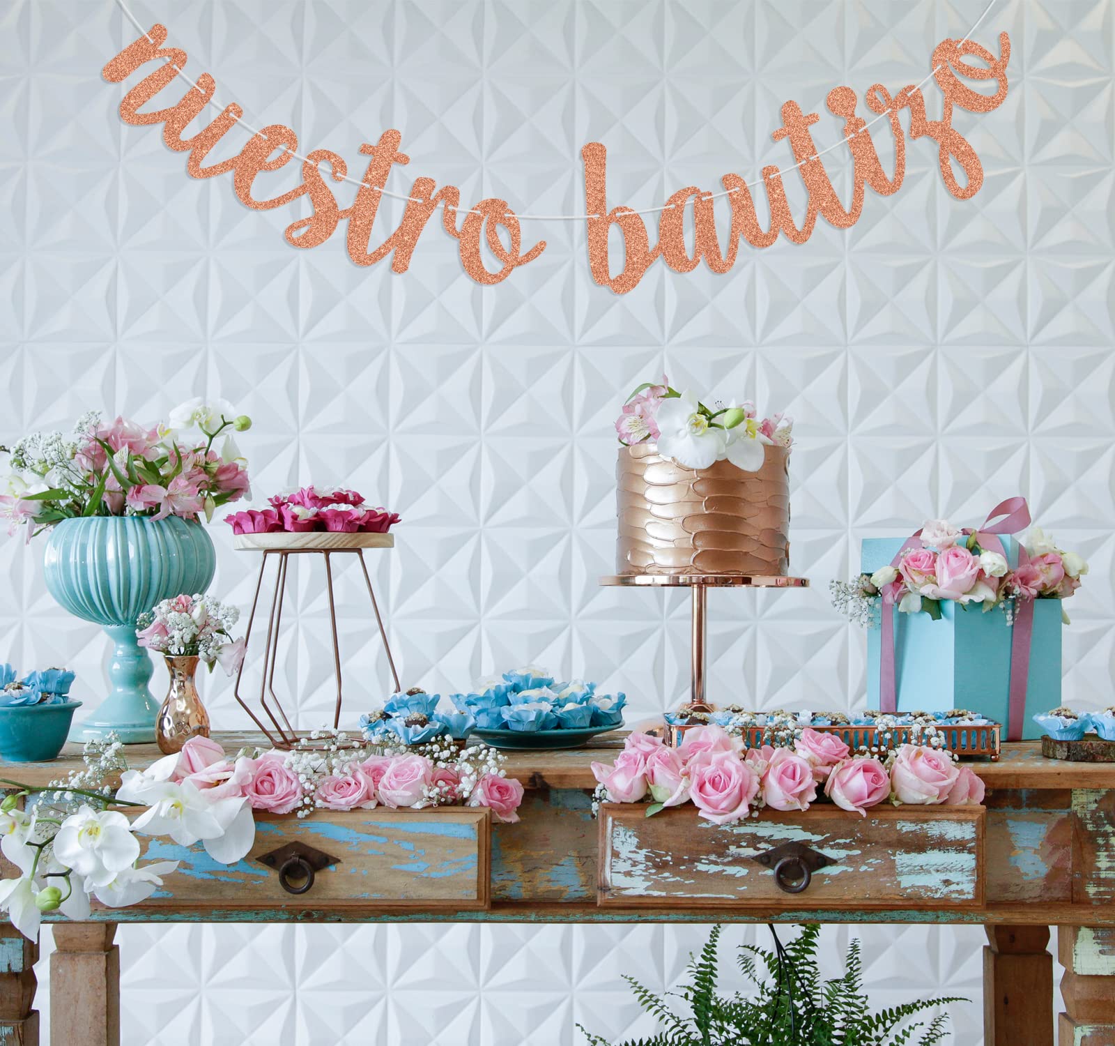 Nuestro Bautizo Banner, Spanish Baptism Party Decorations, First Holy Communion Decor, Kid's Birthday Baby Shower Party Decoration Supply Rose Gold Glitter
