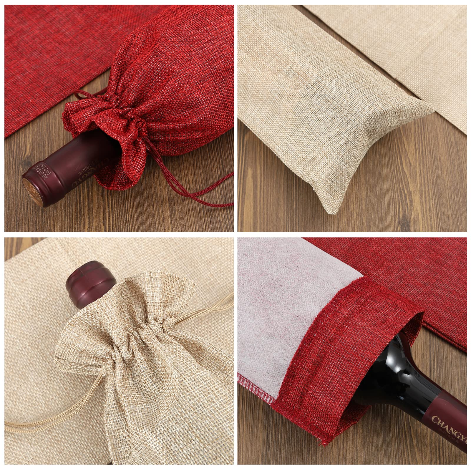 Qibote Burlap Wine Bags with Drawstrings, Wine Bags Gift - Single Reusable Bottle Bags Perfect for Travel, Wedding, Birthday, Housewarming and Dinner Party (12 Pcs - Brown and Red)
