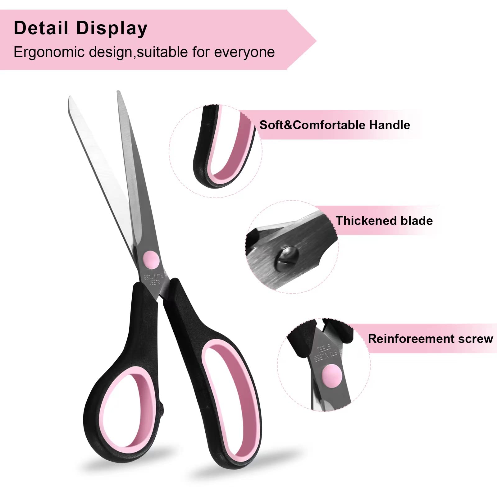 Pink Scissors,ACOSEA 8" Scissors All Purpose with Sharp Stainless Steel Blades and Comfort-Grip Handles,Sturdy Sharp Scissors for Office,Home,School,Sewing,Craft Supplies,Right/Left Handed 3PCS