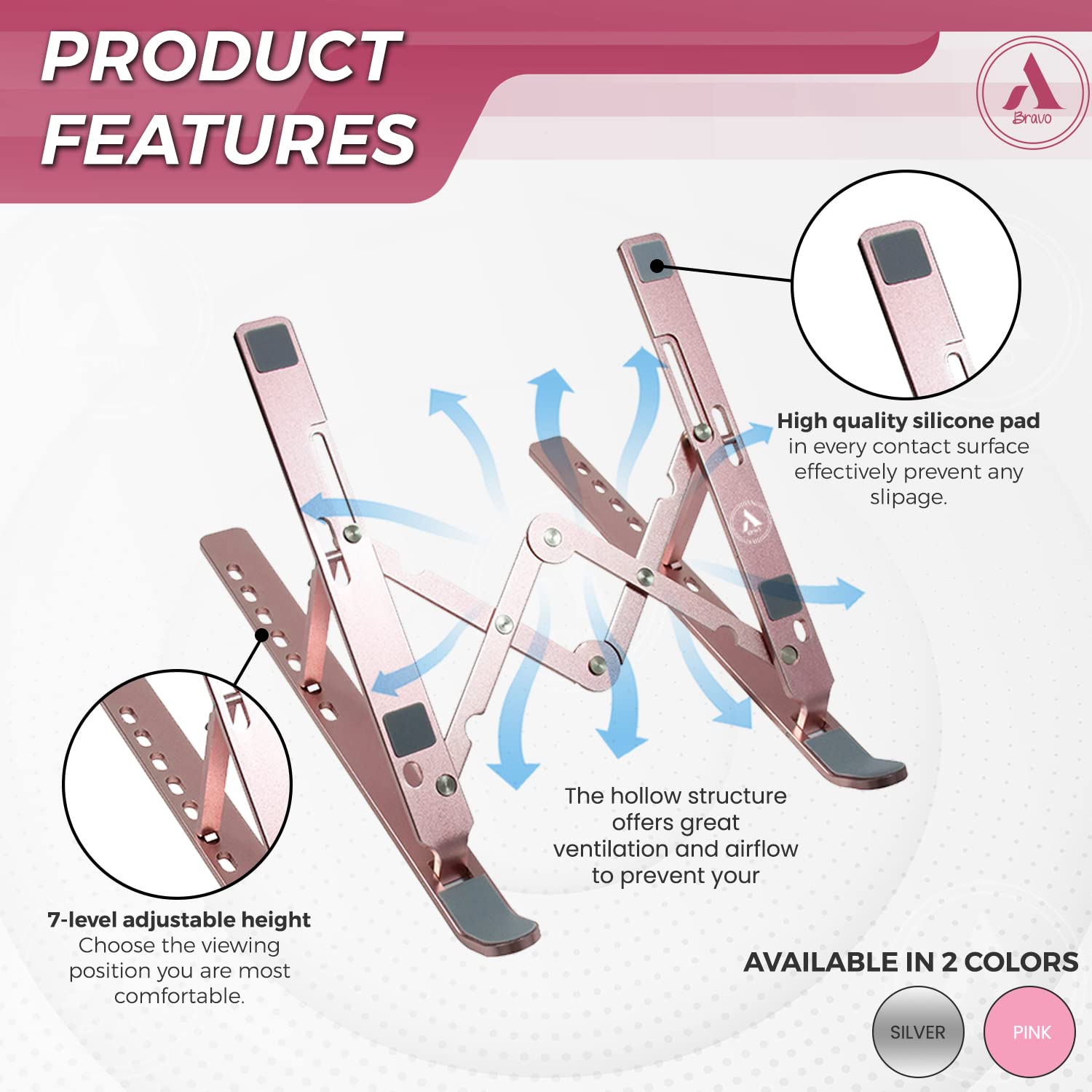 ABravo Laptop Stand, 7 Angles Adjustable, Foldable Stand, Ergonomic Laptop Riser, Ventilated Cooling Anti-Slip Compatible for Laptop (Pink)