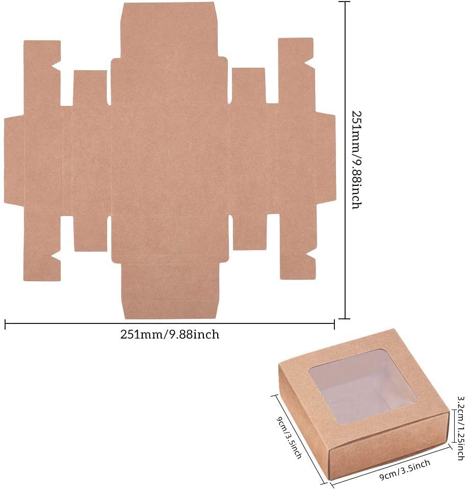 BENECREAT 20 Packs 3.5x3.5x1.2 Square Kraft Paper Gift Boxes Drawer Box with PVC Window Lid for Chrismas Party Favor Treats Bakery and Candy