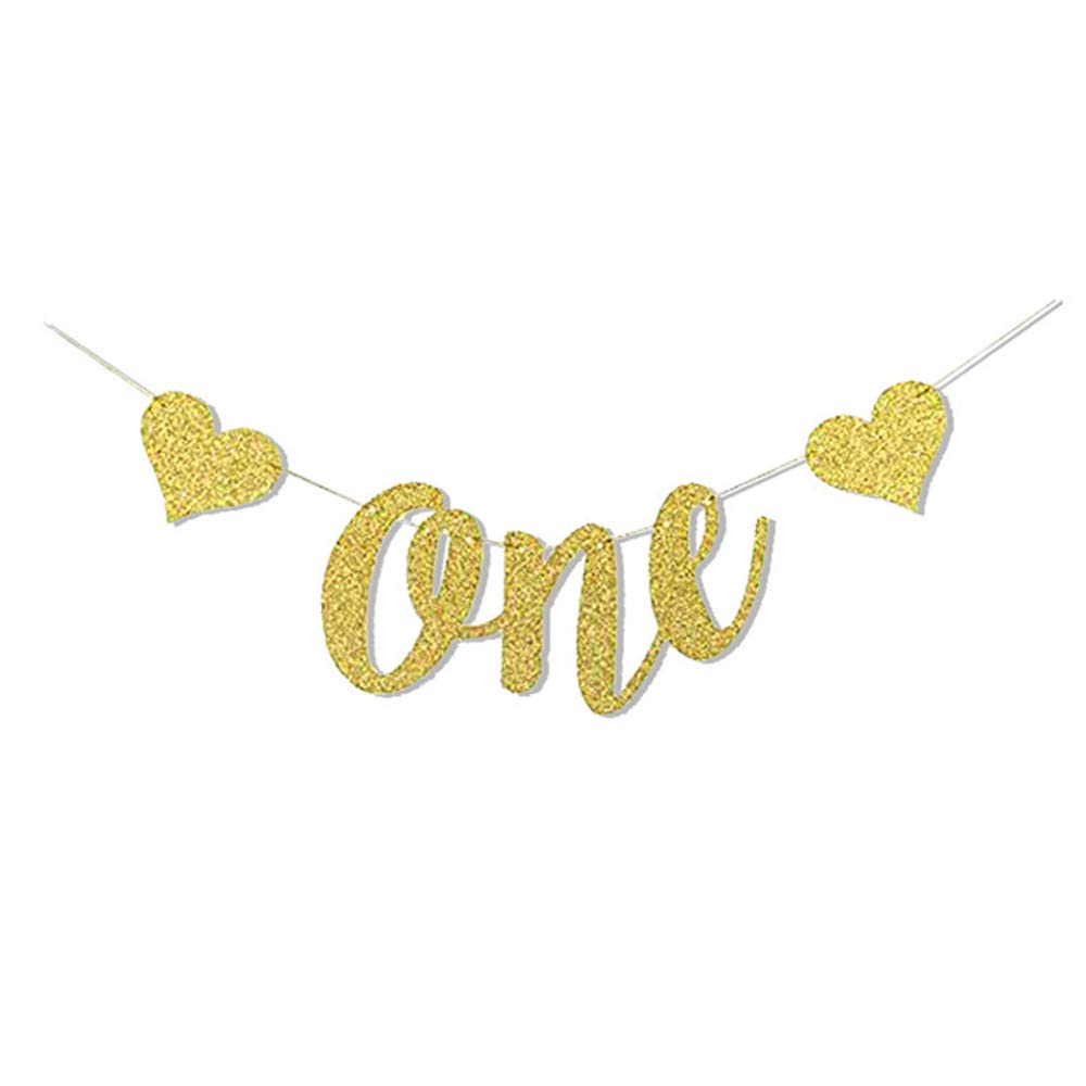Hongkai Gold Glitter Loving Heart ONE Banner 1st Birthday Highchair Banner boy Girl Baby Birthday High Chair Sign First Birthday One Photo Prop Party Decorations Supplies