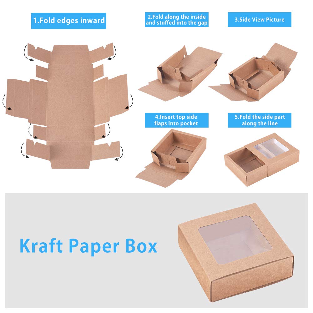 BENECREAT 20 Packs 3.5x3.5x1.2 Square Kraft Paper Gift Boxes Drawer Box with PVC Window Lid for Chrismas Party Favor Treats Bakery and Candy
