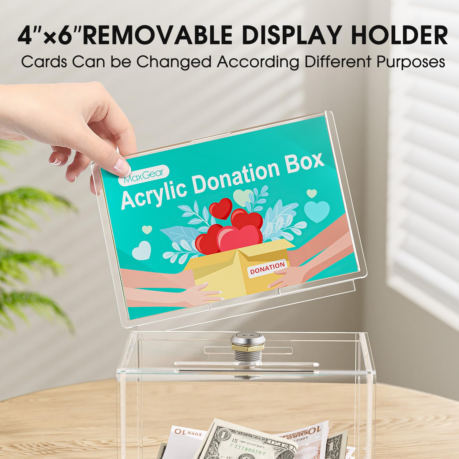 MaxGear Acrylic Donation Box with Lock and Sign Holder, Clear Ballot Box Donation Boxes for Fundraising (6.25" x 4.5" x 4") with Lock - Clear