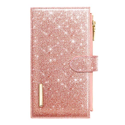 Womens RFID Blocking Pink Glitter Leather Multi Card Organizer Bifold Pink Wallet with Zipper Pocket,Rose Gold