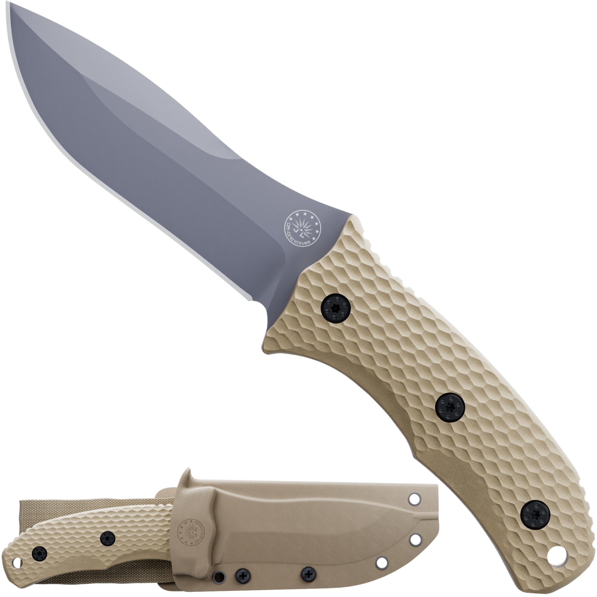 Off-Grid Knives - Backcountry Coyote V2 Fixed Blade - Cryo D2 Steel Knife with Graywash Finish, Full Tang, Coyote Tan G10 Scales, Kydex Sheath, Bushcraft, Hunting, Survival, Camping, Tactical Use