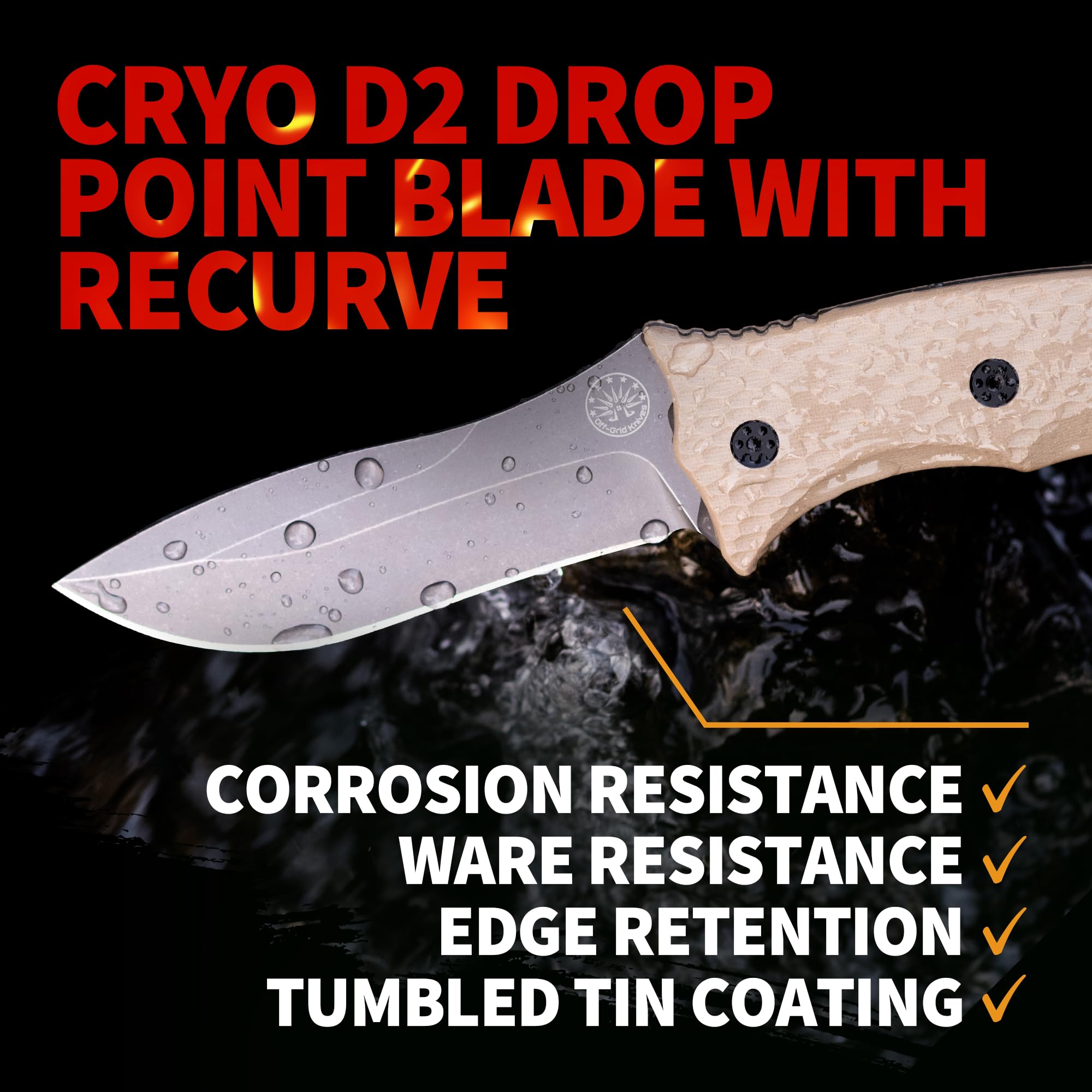 Off-Grid Knives - Backcountry Coyote V2 Fixed Blade - Cryo D2 Steel Knife with Graywash Finish, Full Tang, Coyote Tan G10 Scales, Kydex Sheath, Bushcraft, Hunting, Survival, Camping, Tactical Use