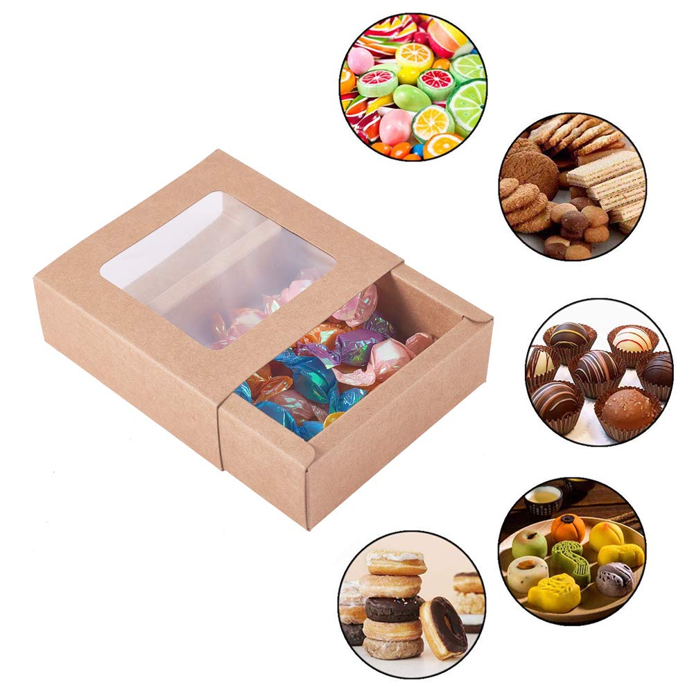 BENECREAT 20 Packs 3.5x3.5x1.2 Square Kraft Paper Gift Boxes Drawer Box with PVC Window Lid for Chrismas Party Favor Treats Bakery and Candy