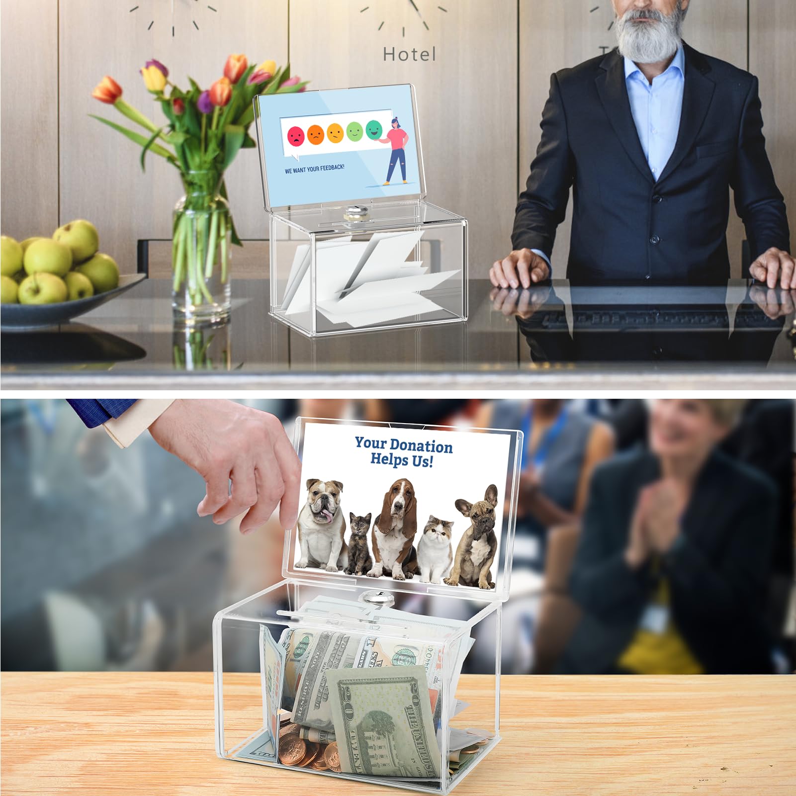 MaxGear Acrylic Donation Box with Lock and Sign Holder, Clear Ballot Box Donation Boxes for Fundraising (6.25" x 4.5" x 4") with Lock - Clear