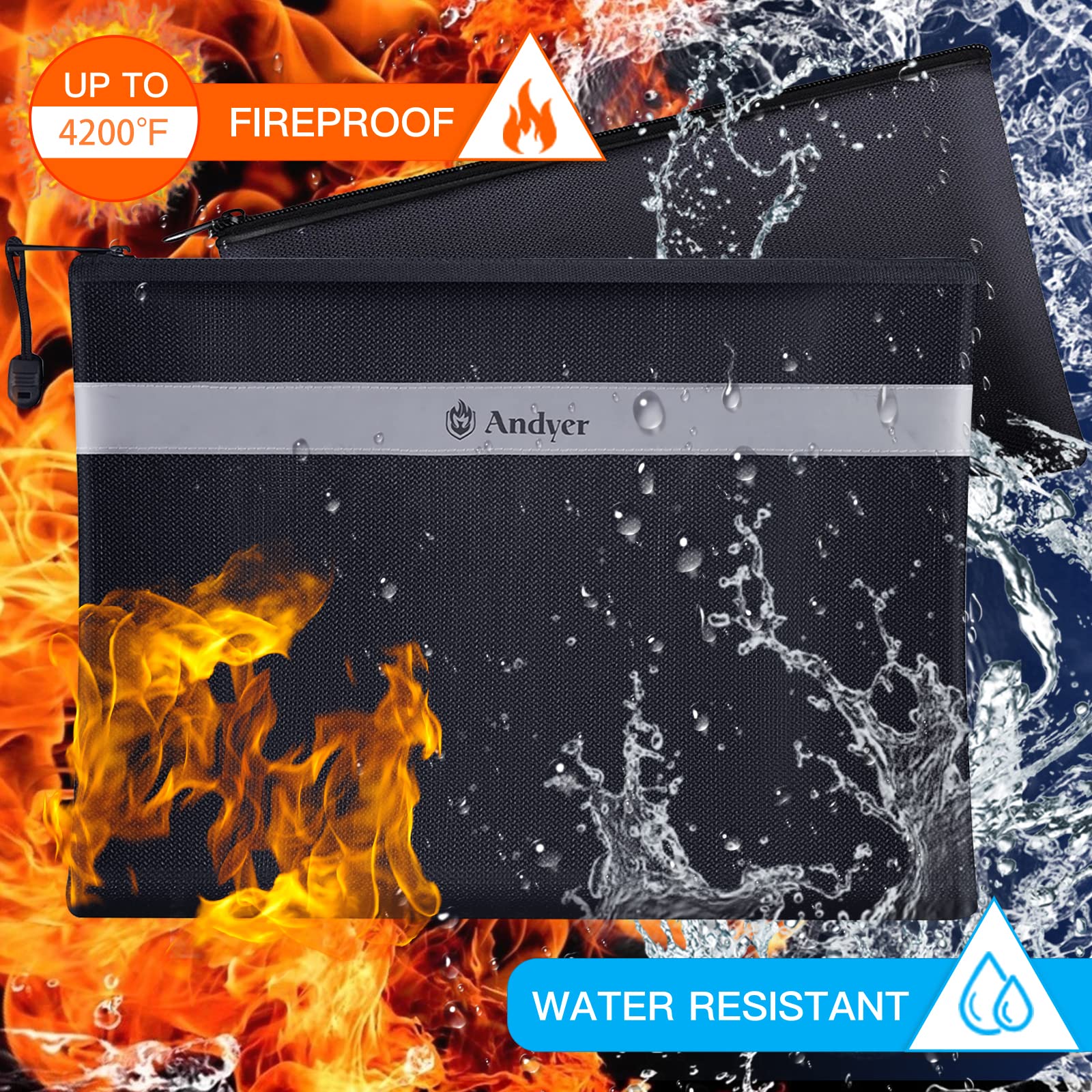Andyer Fireproof Document Bag with Money Bag - 2 Pack 13.4”x10” and 11"x6" Waterproof & Fireproof Bags - Fireproof Safe Storage Pouch with Zipper for A4 Documents, Money, Cash, Passport and Tablet
