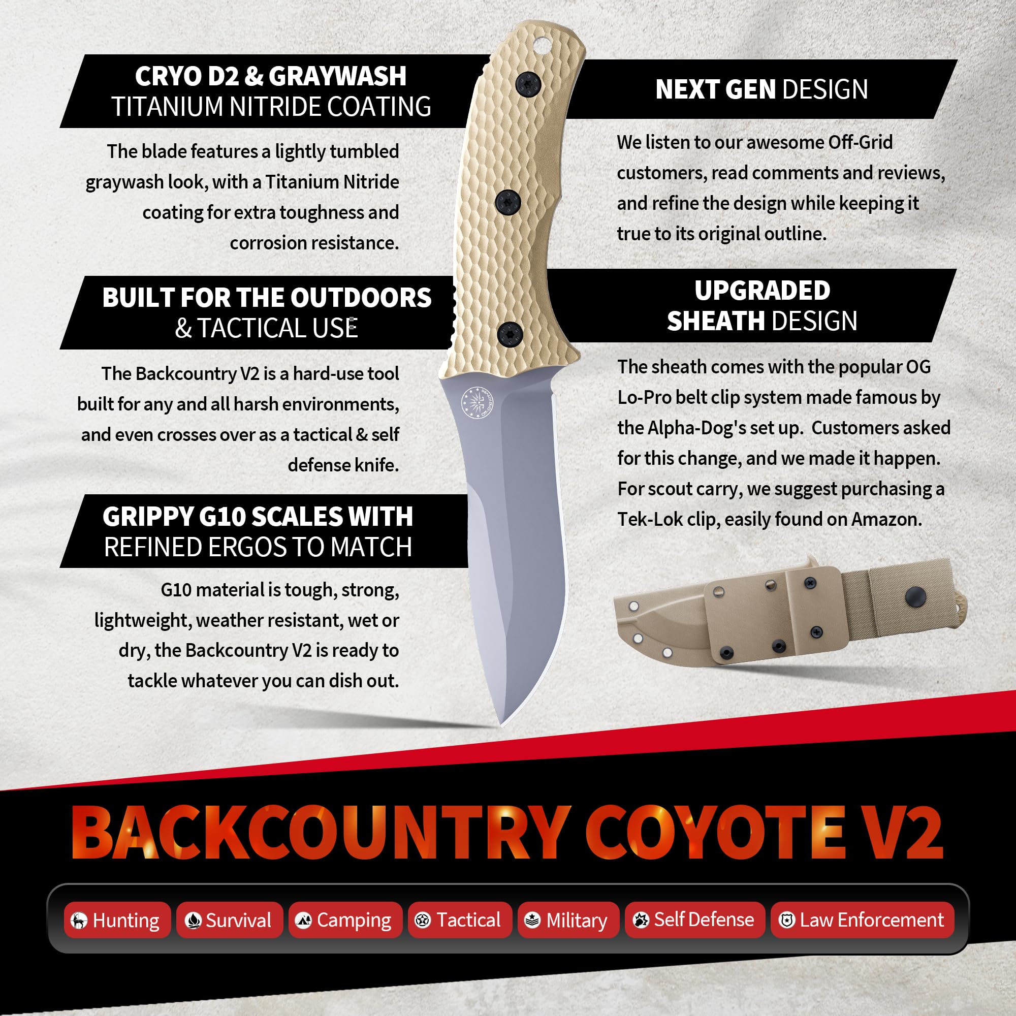 Off-Grid Knives - Backcountry Coyote V2 Fixed Blade - Cryo D2 Steel Knife with Graywash Finish, Full Tang, Coyote Tan G10 Scales, Kydex Sheath, Bushcraft, Hunting, Survival, Camping, Tactical Use