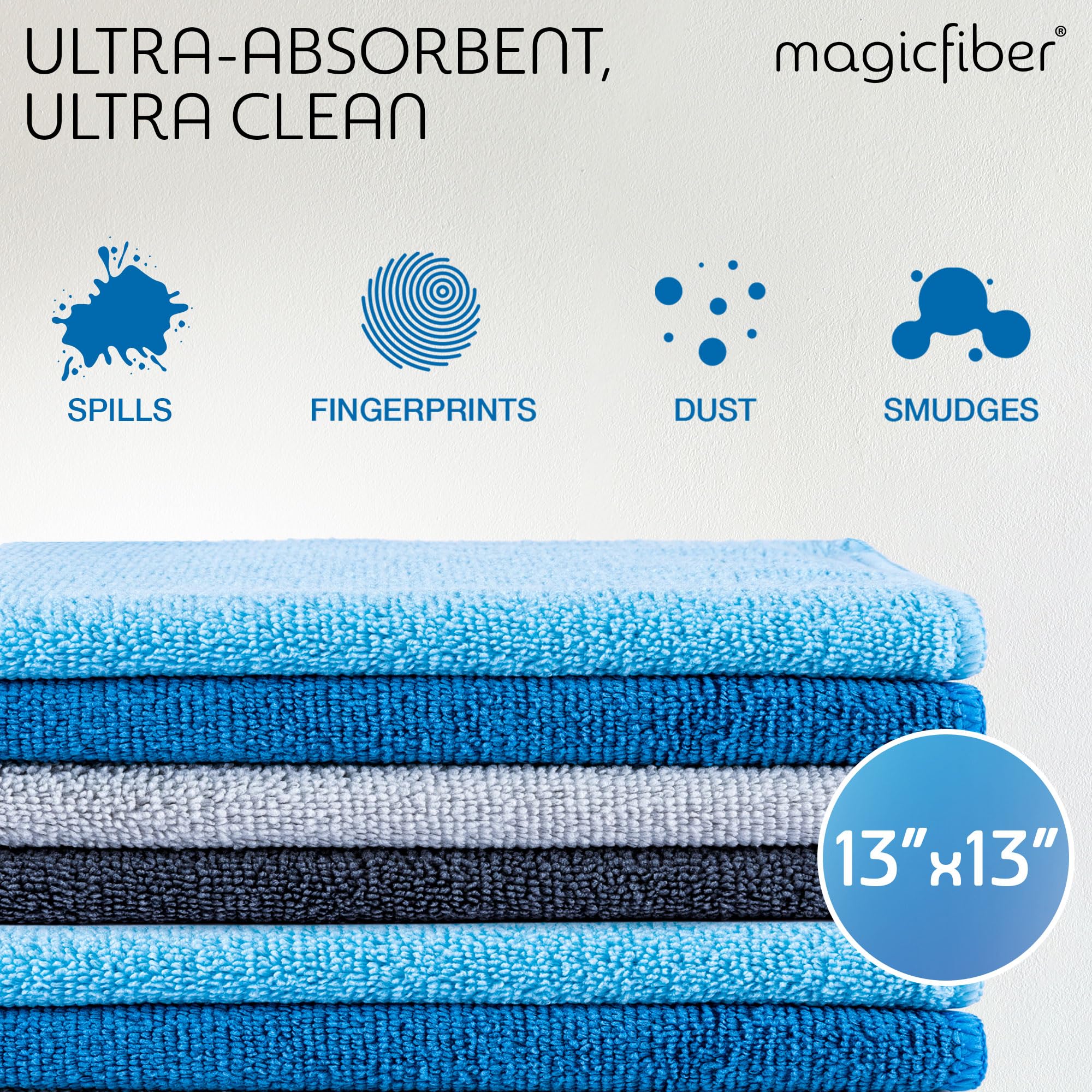 MagicFiber Microfiber Cleaning Cloth (12 Pack,13x13 in) - Thick, Soft, & Ultra Absorbent Reusable Microfiber Cleaning Rags, Micro Fiber Cloths for Dusting, Windows, Kitchenware, Cars and More!