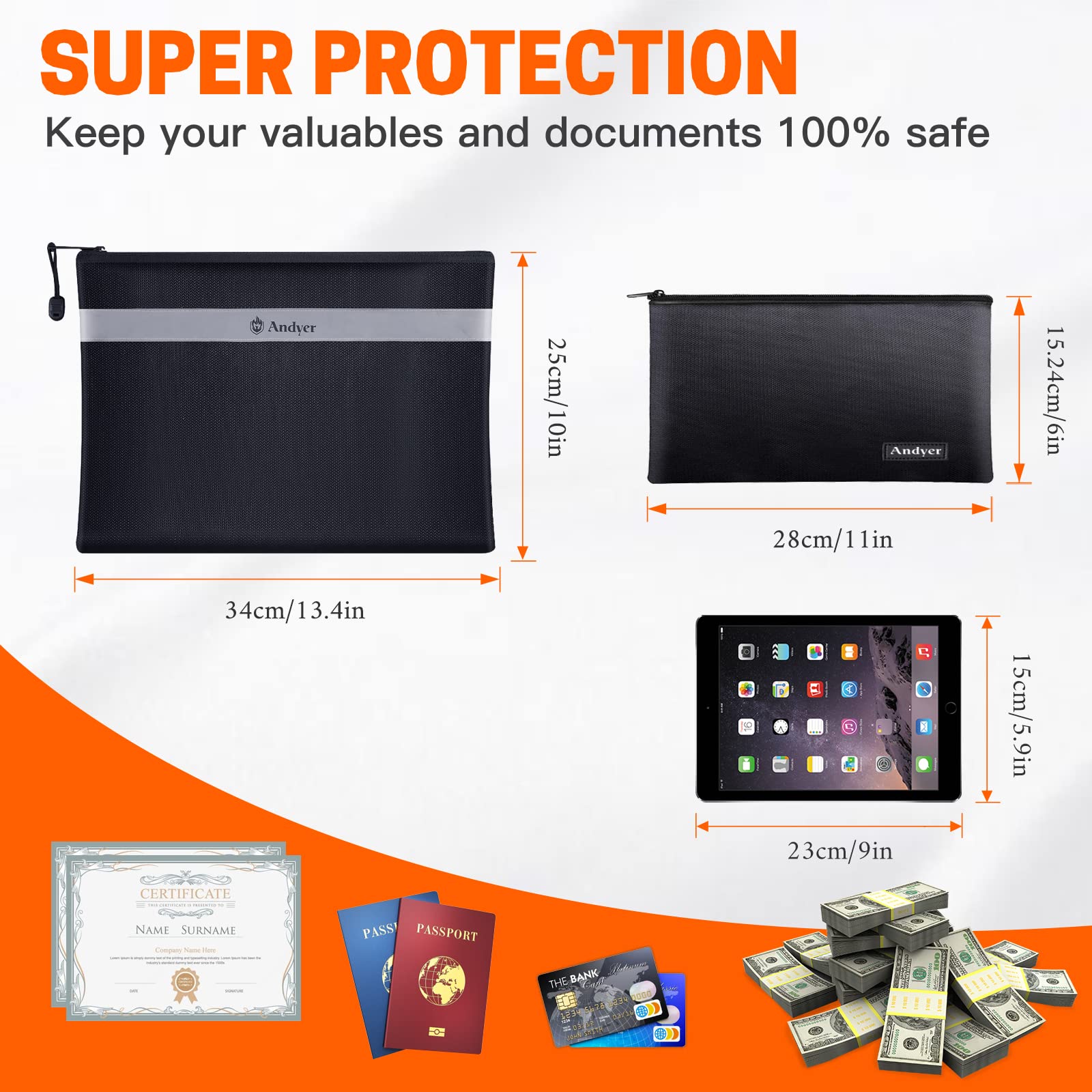 Andyer Fireproof Document Bag with Money Bag - 2 Pack 13.4”x10” and 11"x6" Waterproof & Fireproof Bags - Fireproof Safe Storage Pouch with Zipper for A4 Documents, Money, Cash, Passport and Tablet