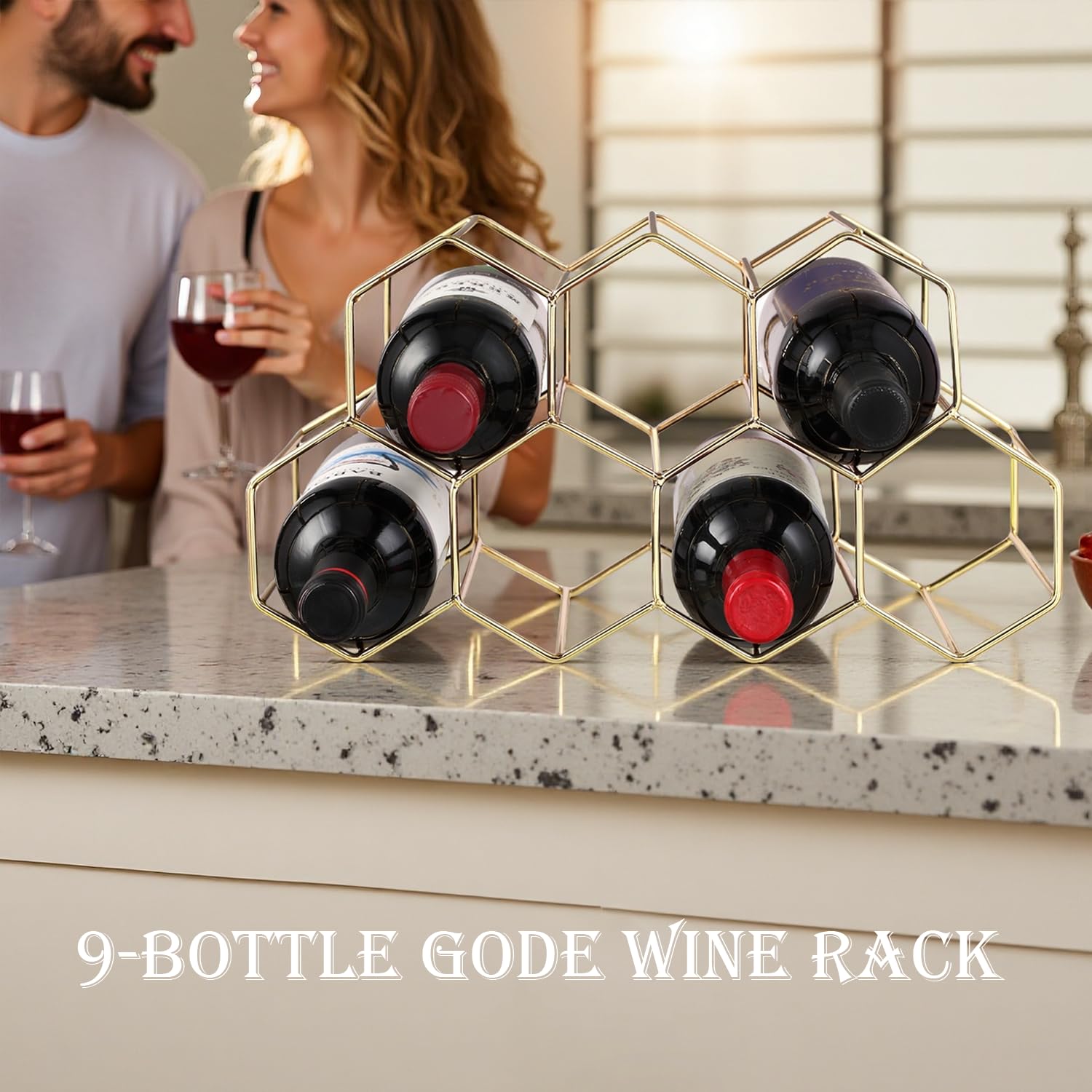 9 Bottles Metal Wine Rack, Countertop Free-Stand Wine Storage Holder, Space Saver Protector for Red & White Wines - Gold