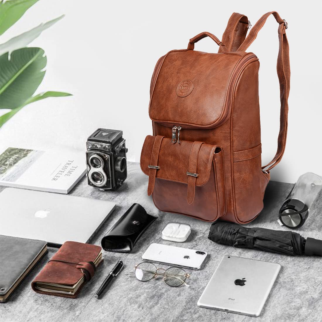 LOTCAIN Vintage Faux Leather Backpack, Slim Laptop Backpack Travel Waterproof Pack College School Bookbag Weekend Daypack Bag for Men Women,Brown