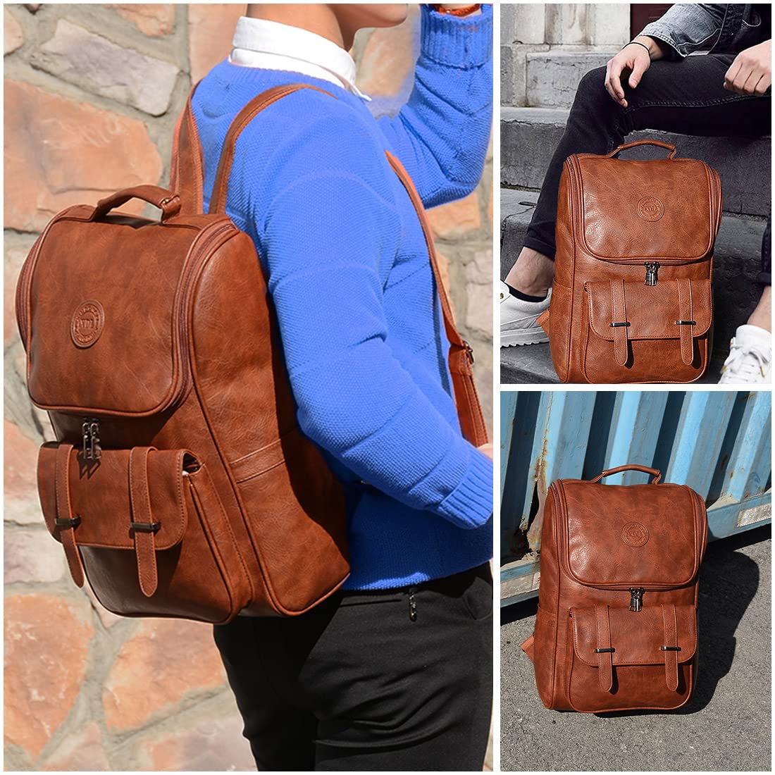 LOTCAIN Vintage Faux Leather Backpack, Slim Laptop Backpack Travel Waterproof Pack College School Bookbag Weekend Daypack Bag for Men Women,Brown