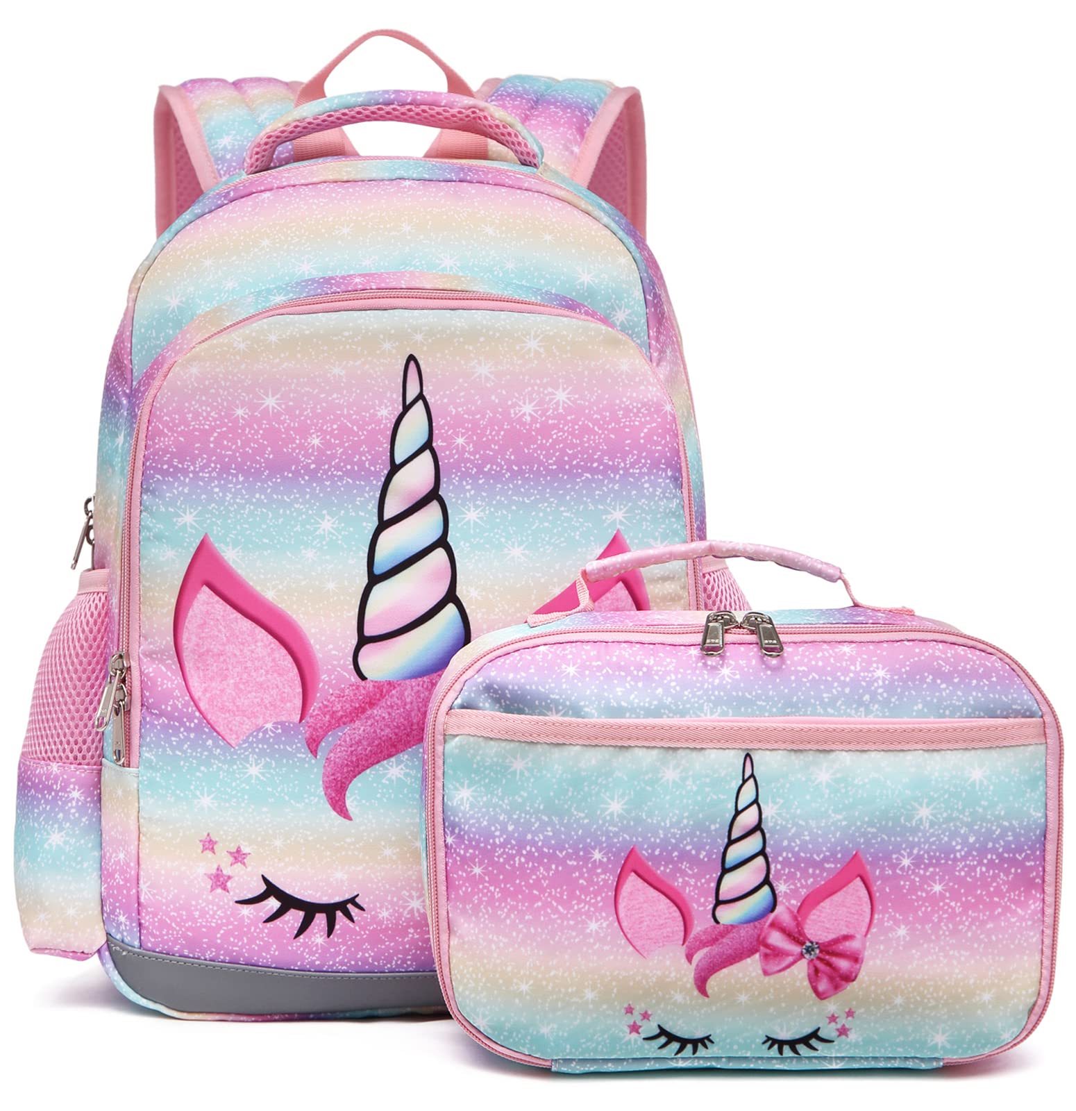 JIANYA Kids Backpack for School Girls Backpack Lunch Box Set Unicorn Preschool Kindergarten Bookbag with Chest Strap