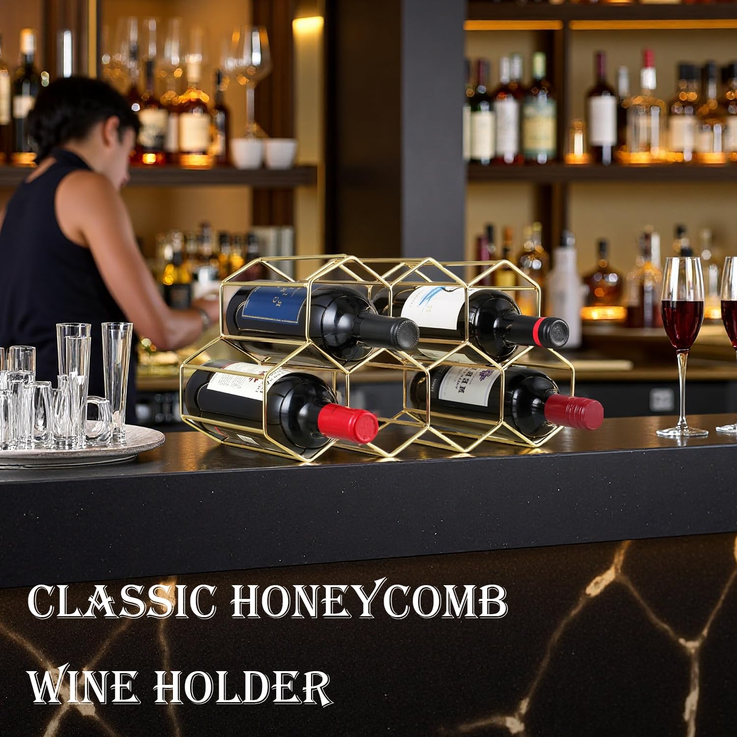 9 Bottles Metal Wine Rack, Countertop Free-Stand Wine Storage Holder, Space Saver Protector for Red & White Wines - Gold