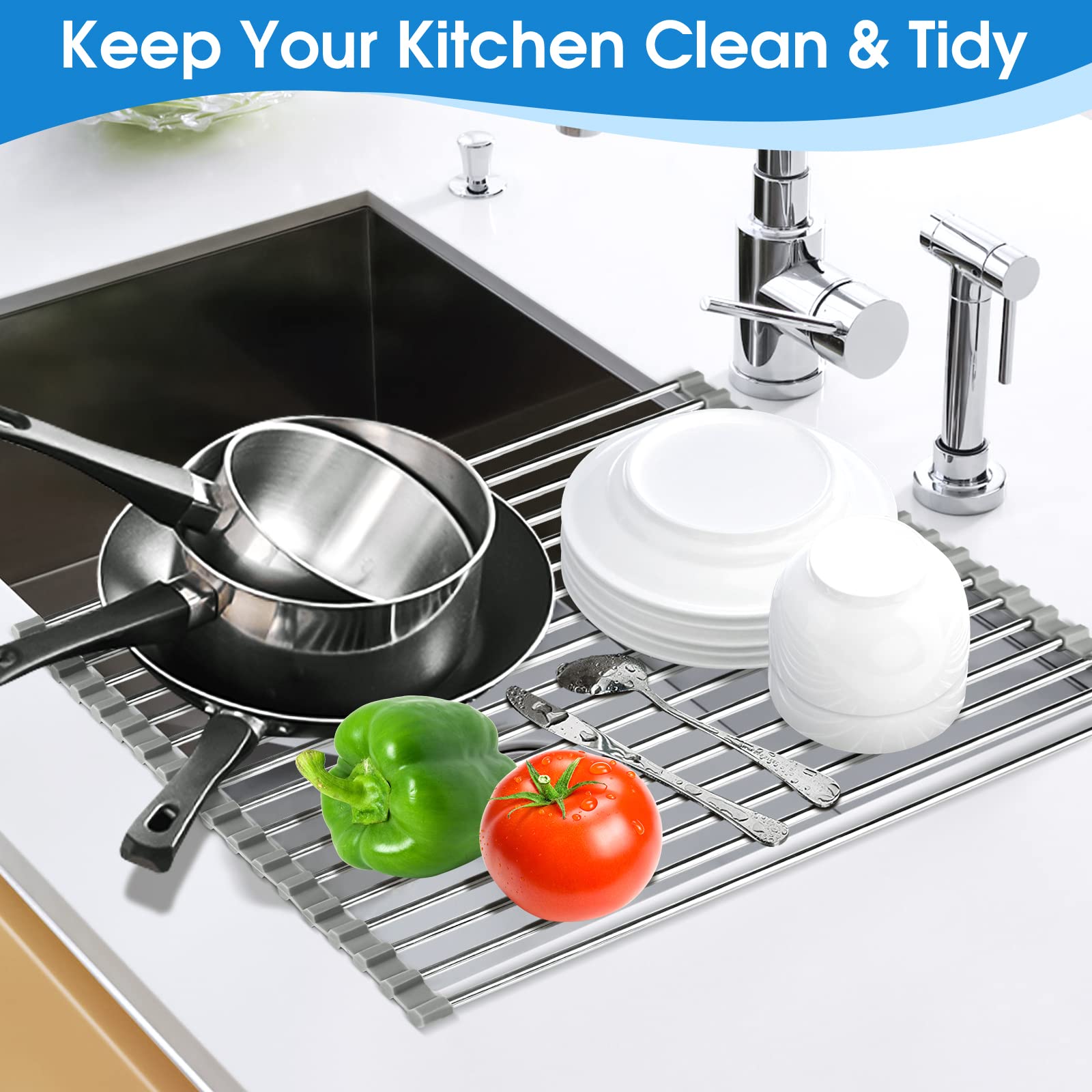 KIBEE Dish Drying Rack, 304 Stainless Steel Roll Up Over The Sink Drainer for Cups Fruits Vegetables,Gadget Tool for Many Kitchen Task(17.75 x 13.75 Gray)