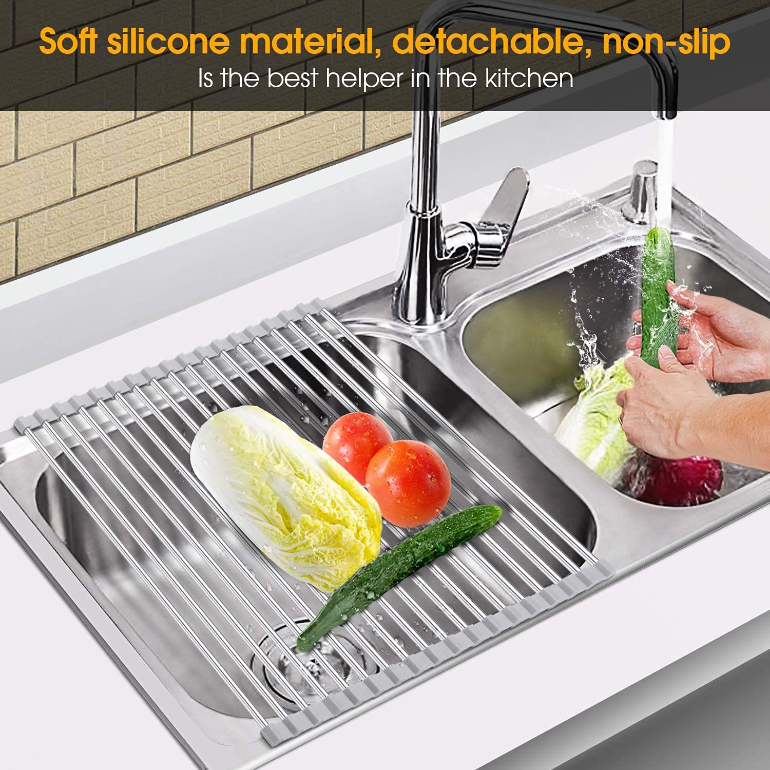 KIBEE Dish Drying Rack, 304 Stainless Steel Roll Up Over The Sink Drainer for Cups Fruits Vegetables,Gadget Tool for Many Kitchen Task(17.75 x 13.75 Gray)