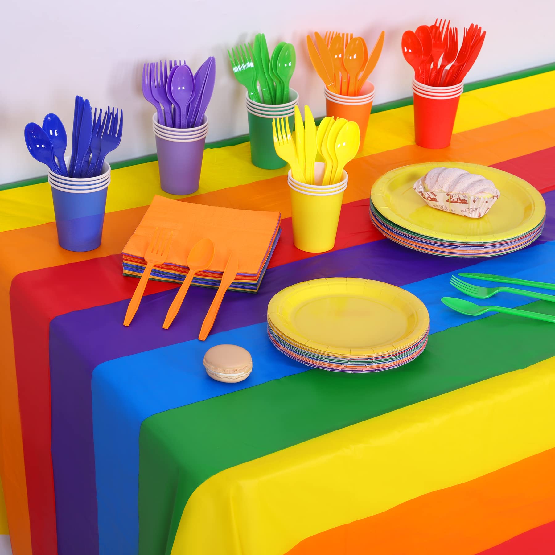 Ruisita 193 Pieces Rainbow Party Supplies Include Disposable Dessert Paper Plates Cups Napkins Forks Knives Spoons Table Cover Serve 24 Guests Dinnerware Cutlery Set for Birthday Wedding Decoration