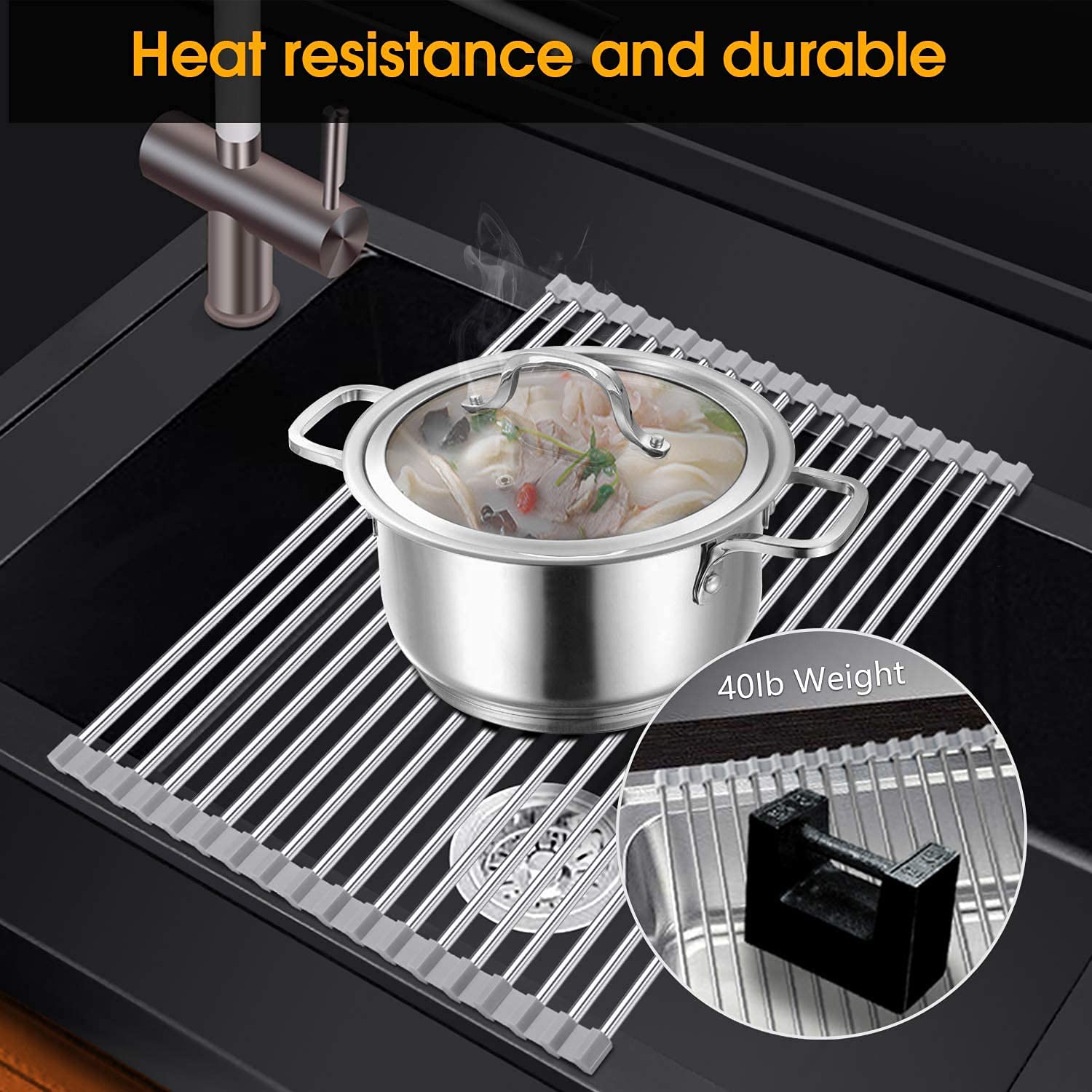 KIBEE Dish Drying Rack, 304 Stainless Steel Roll Up Over The Sink Drainer for Cups Fruits Vegetables,Gadget Tool for Many Kitchen Task(17.75 x 13.75 Gray)