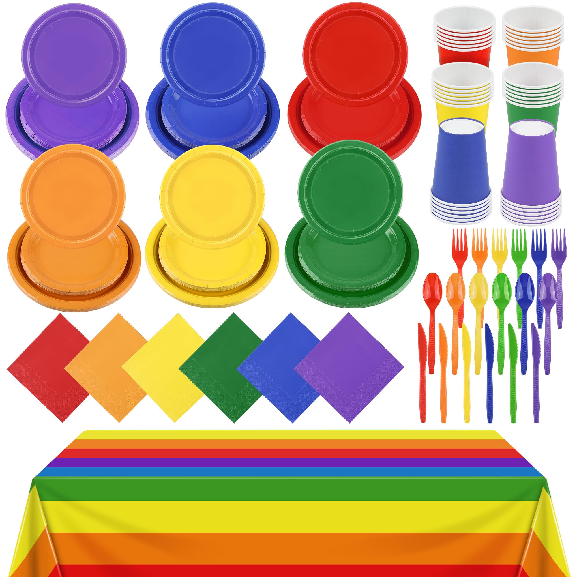 Ruisita 193 Pieces Rainbow Party Supplies Include Disposable Dessert Paper Plates Cups Napkins Forks Knives Spoons Table Cover Serve 24 Guests Dinnerware Cutlery Set for Birthday Wedding Decoration