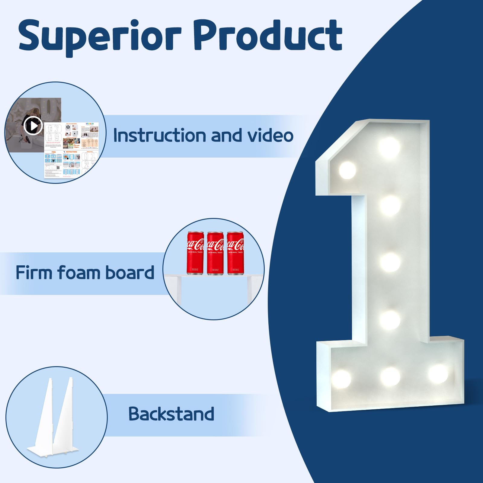imprsv 3FT Marquee Numbers, Light Up Numbers, Marquee Numbers 1, Cool White Light Up Numbers for Party, Big Numbers for 1st 16st 21st Birthday Party Decorations,Large Cardboard, Anniversary Decor
