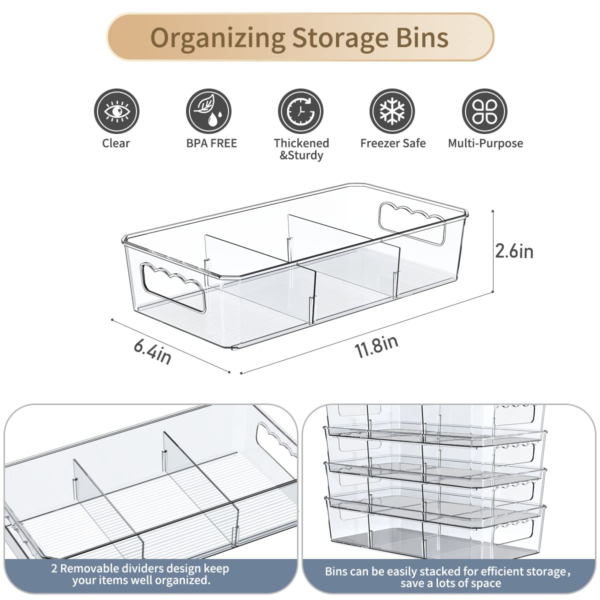 Clear Plastic Food Storage Organizer Bins,8 Pack Pantry Organizations and Storage Bins with Removable Dividers, Stackable Refrigerator Organizer Bins Fridge Organizers Kitchen Cabinet Organizers
