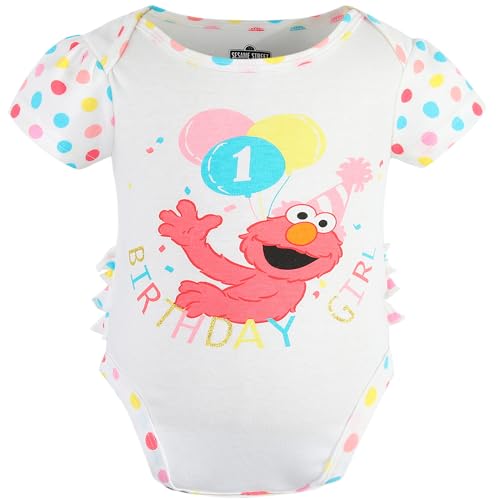Sesame Street Baby Girl's Elmo Short Sleeve First Birthday Bodysuit Creeper, White, Size 12 Months