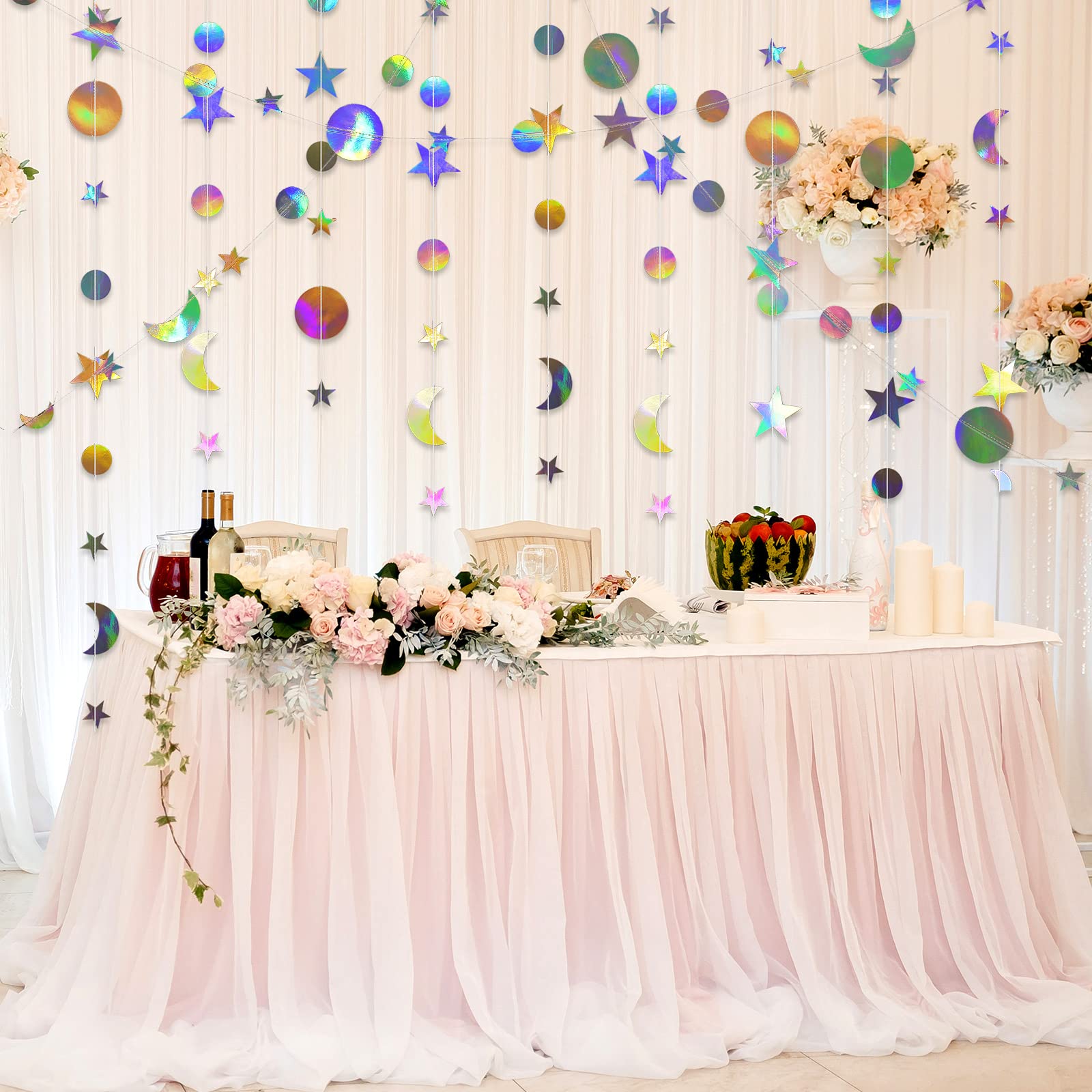 6 Pieces Iridescent Twinkle Moon Stars Circle Garland Streamer Party Decorations for Kids First Birthday Ramadan EID Mubarak Baby Shower Wedding Decor