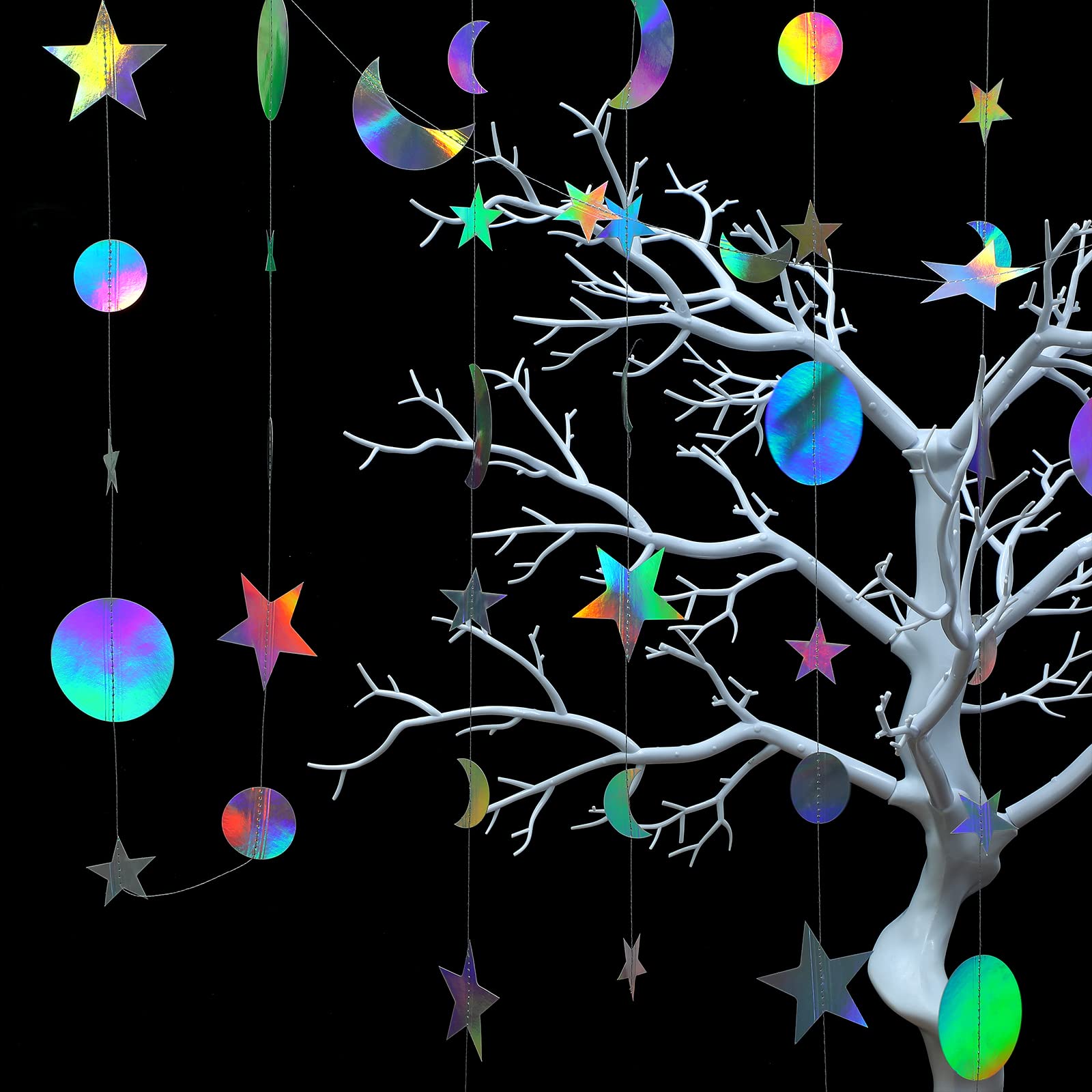 6 Pieces Iridescent Twinkle Moon Stars Circle Garland Streamer Party Decorations for Kids First Birthday Ramadan EID Mubarak Baby Shower Wedding Decor