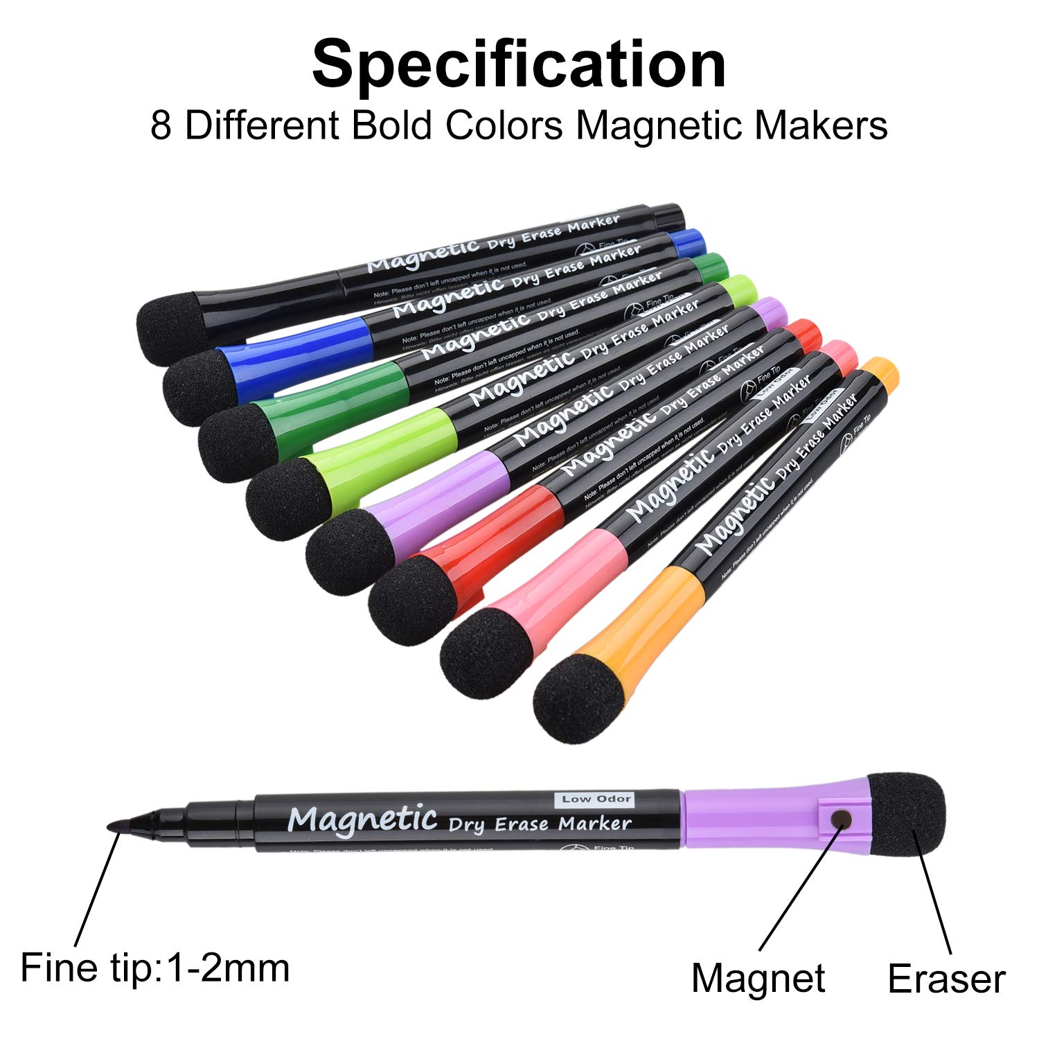 Browill Magnetic Dry Erase Markers, (8 pk) Dealkits Low Odor White Board Markers Whiteboard Markers with Erasers for Kids Teacher Supplies for Classroom Work on White Board, Calender, Fine Tip Point