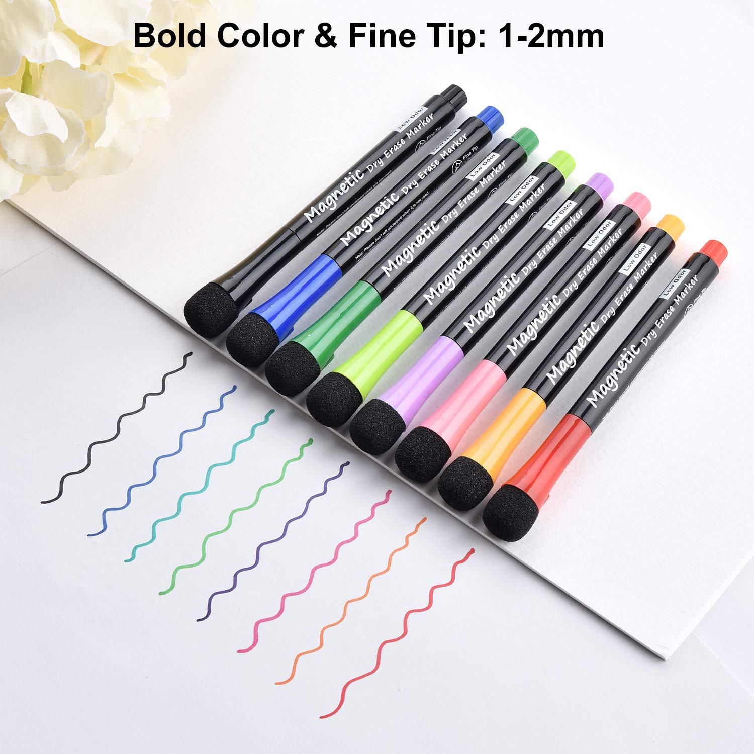 Browill Magnetic Dry Erase Markers, (8 pk) Dealkits Low Odor White Board Markers Whiteboard Markers with Erasers for Kids Teacher Supplies for Classroom Work on White Board, Calender, Fine Tip Point
