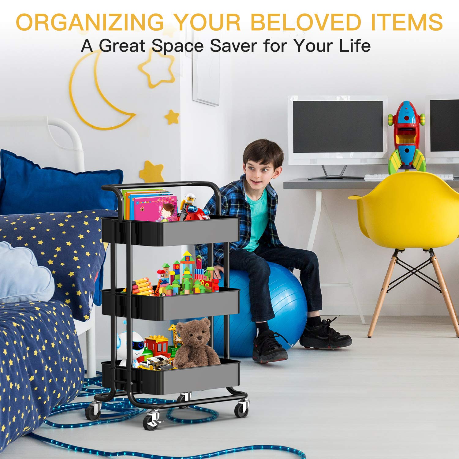 FURNINXS 3 Tier Rolling Cart with Wheels Metal Utility Cart with Handle Rolling Storage Organizer Trolley Cart for Kitchen, Office, Home, School (Black)