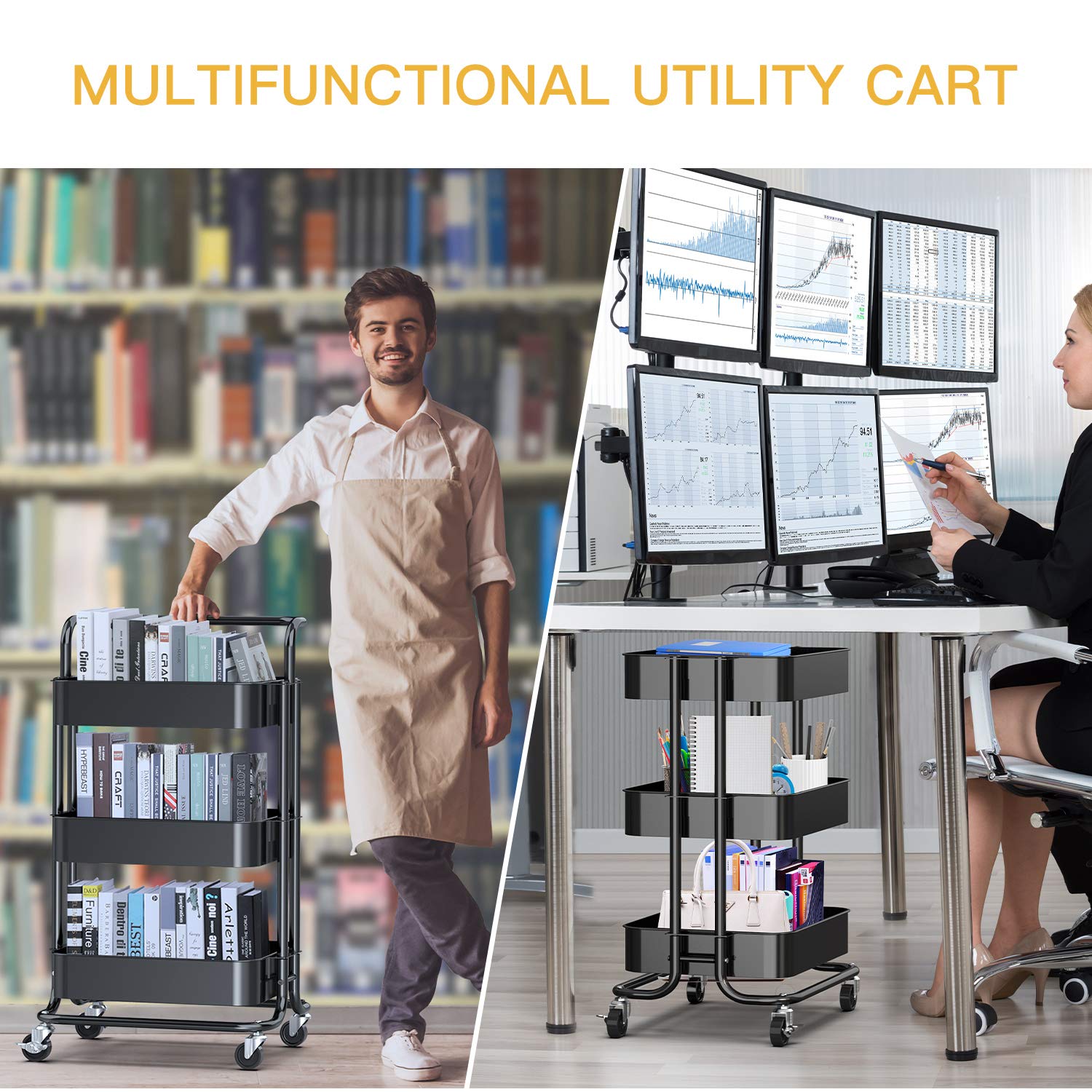 FURNINXS 3 Tier Rolling Cart with Wheels Metal Utility Cart with Handle Rolling Storage Organizer Trolley Cart for Kitchen, Office, Home, School (Black)