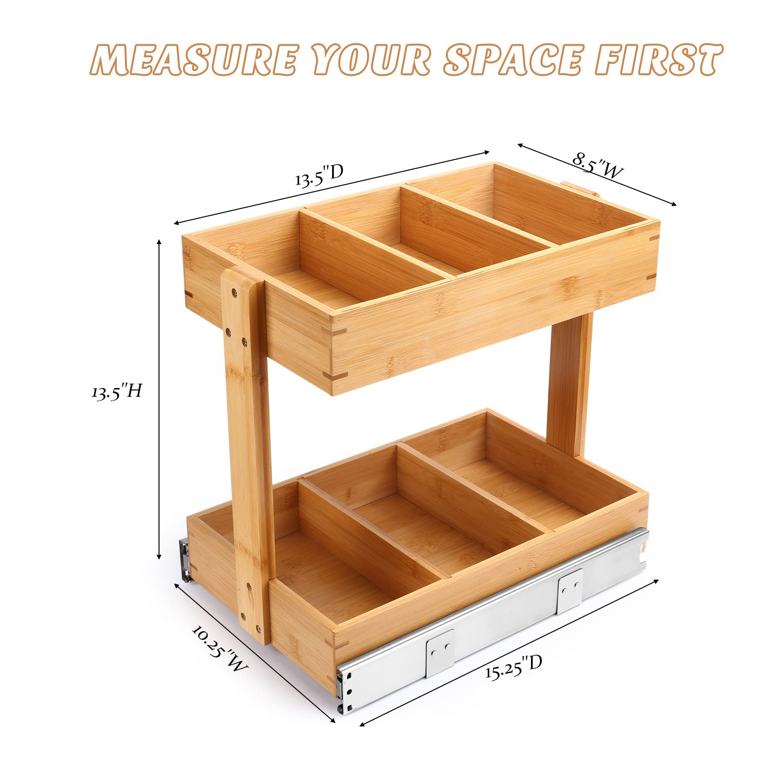 2-Tier Sliding Under Sink Organizer, Pull Out Bamboo Wood Storage Drawer Organization, Cabinet Shelf for Bathroom, Kitchen Cupboard, Slide Out Spice Rack Container Lid Organizer with Dividers