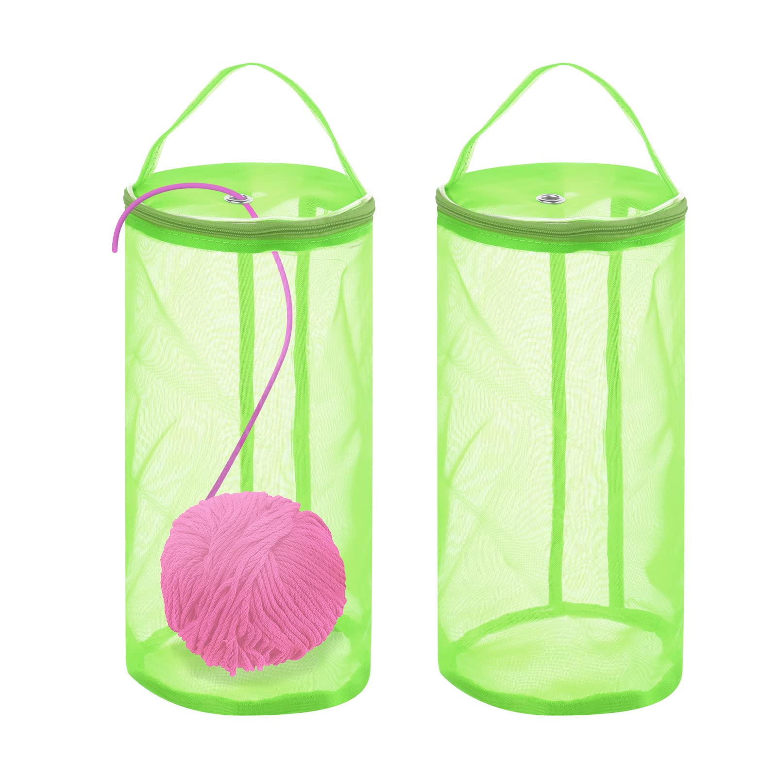 2 Pieces Empty Yarn Storage Bags, Mesh Holder Yarn Storage Organizer, Mini Yarns Drum Knitting Bag for Carry Crochet Hooks Sewing Accessories Storage Tote Bag (Light Green)