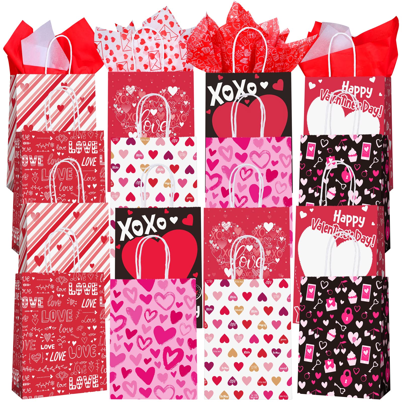 Fovths 16 Pieces Valentines Bags with 24 Sheets Tissue Paper 8.6 Inch Valentine Paper Gift Bags with Handle Love Gift Bag for Valentine's Day Wedding Birthday Party Supplies