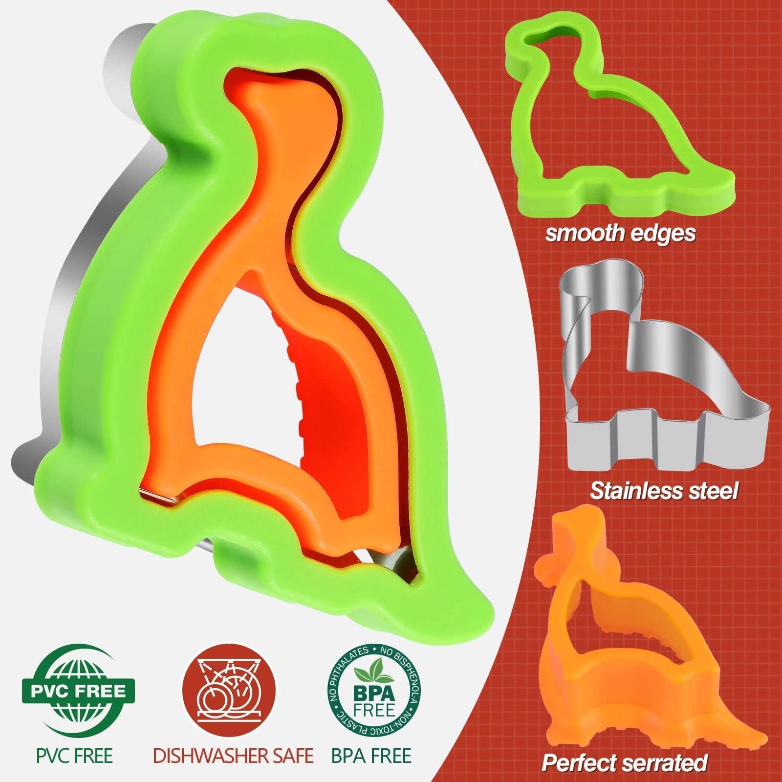 HINZER Sandwich Cutter and Sealer Set Uncrustables Maker 4 Pcs Bread Decruster Sandwich Cutter Pancake Maker Heart Square Circle Dinosaur Shape DIY Cookie Cutters Gift for Kids Adult Boys Girls