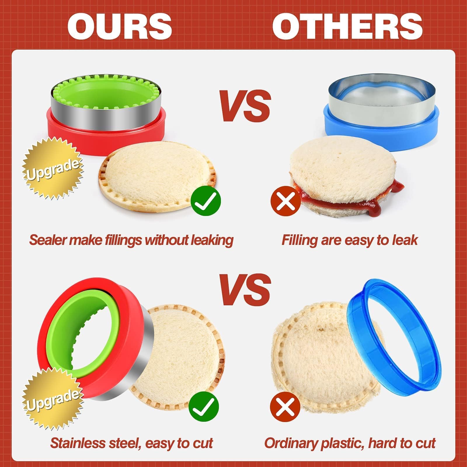 HINZER Sandwich Cutter and Sealer Set Uncrustables Maker 4 Pcs Bread Decruster Sandwich Cutter Pancake Maker Heart Square Circle Dinosaur Shape DIY Cookie Cutters Gift for Kids Adult Boys Girls