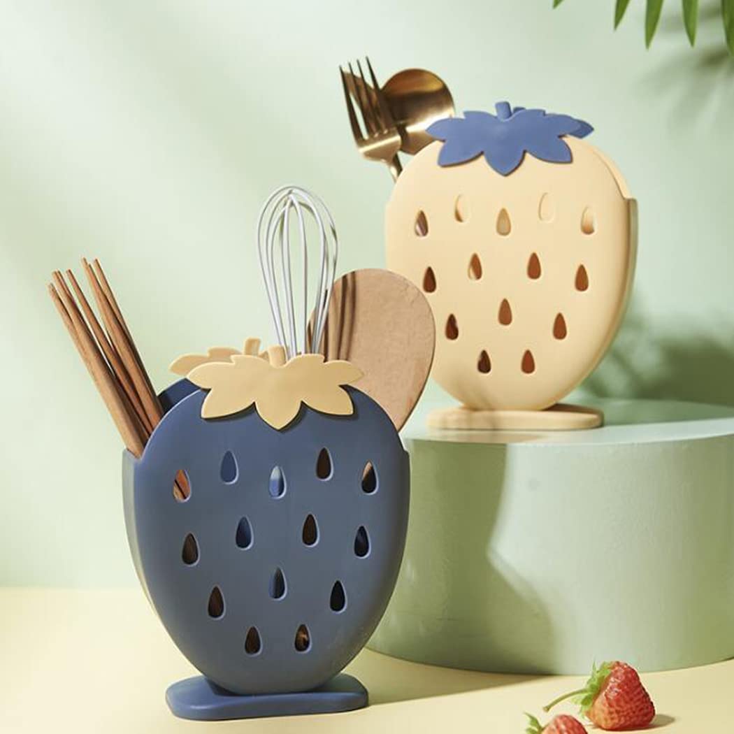Hoshen Household Tableware /kitchenware Storage Cage, Kitchen Standing Chopstick Cage, Double-Compartment Drain Chopstick Cage,Strawberry Shape,Dark Blue