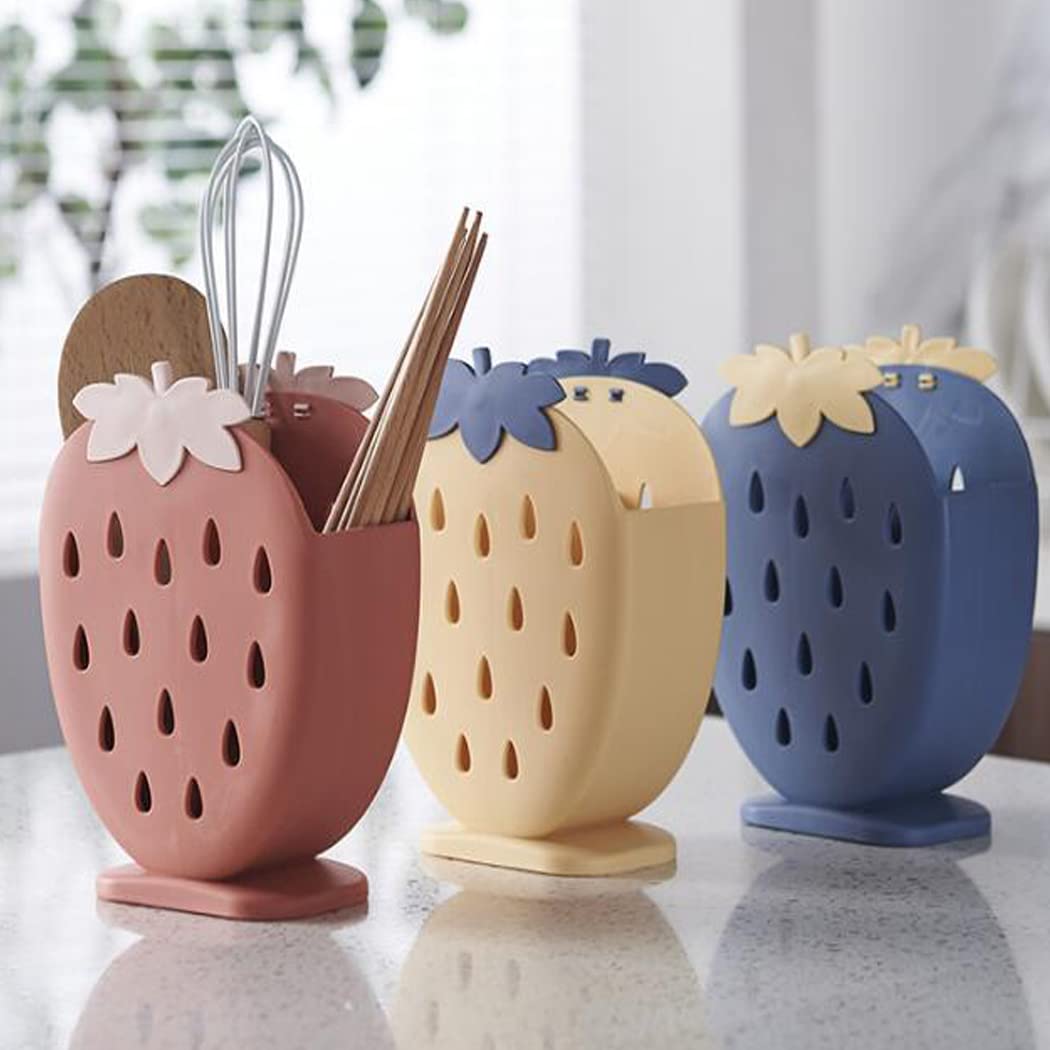 Hoshen Household Tableware /kitchenware Storage Cage, Kitchen Standing Chopstick Cage, Double-Compartment Drain Chopstick Cage,Strawberry Shape,Dark Blue