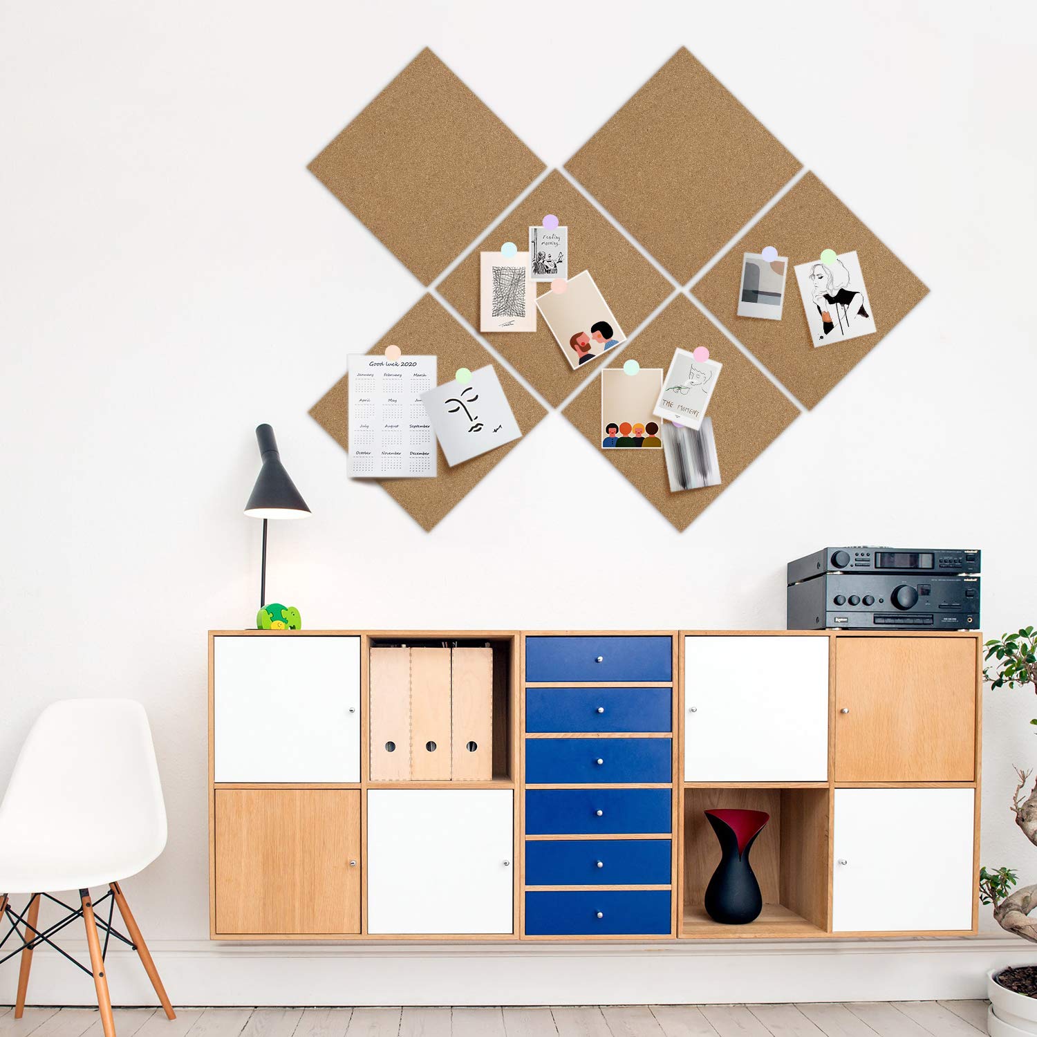 ODOME Cork Board Tiles 12”X 12” – 1/2” Thick Cork Board – Bulletin Board – Pin Board Decoration for Pictures,Ultra Strength Adhesive Backing – 6 Pieces Cork Boards for Walls – 1 Box Push Pins