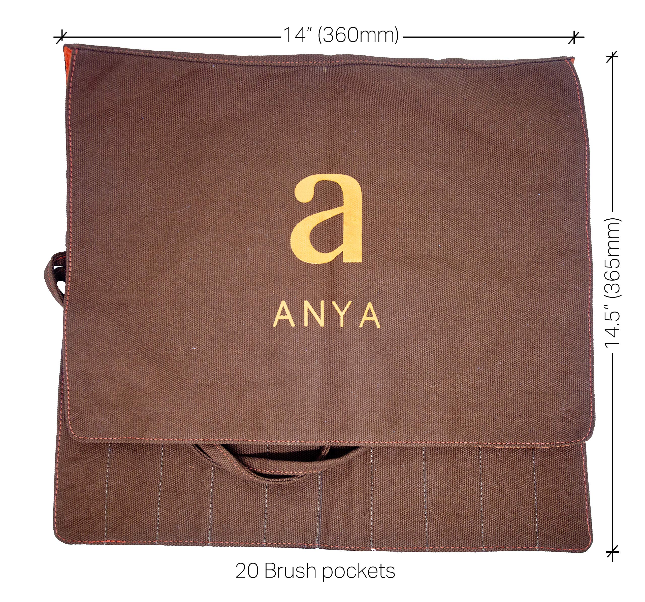 ANYA Artists Paint Brush Holder, 20 Slots Paint Brush Storage Canvas Roll up pouch for Acrylic Oil Watercolor, Dark brown PEDZEL (brushes not included)